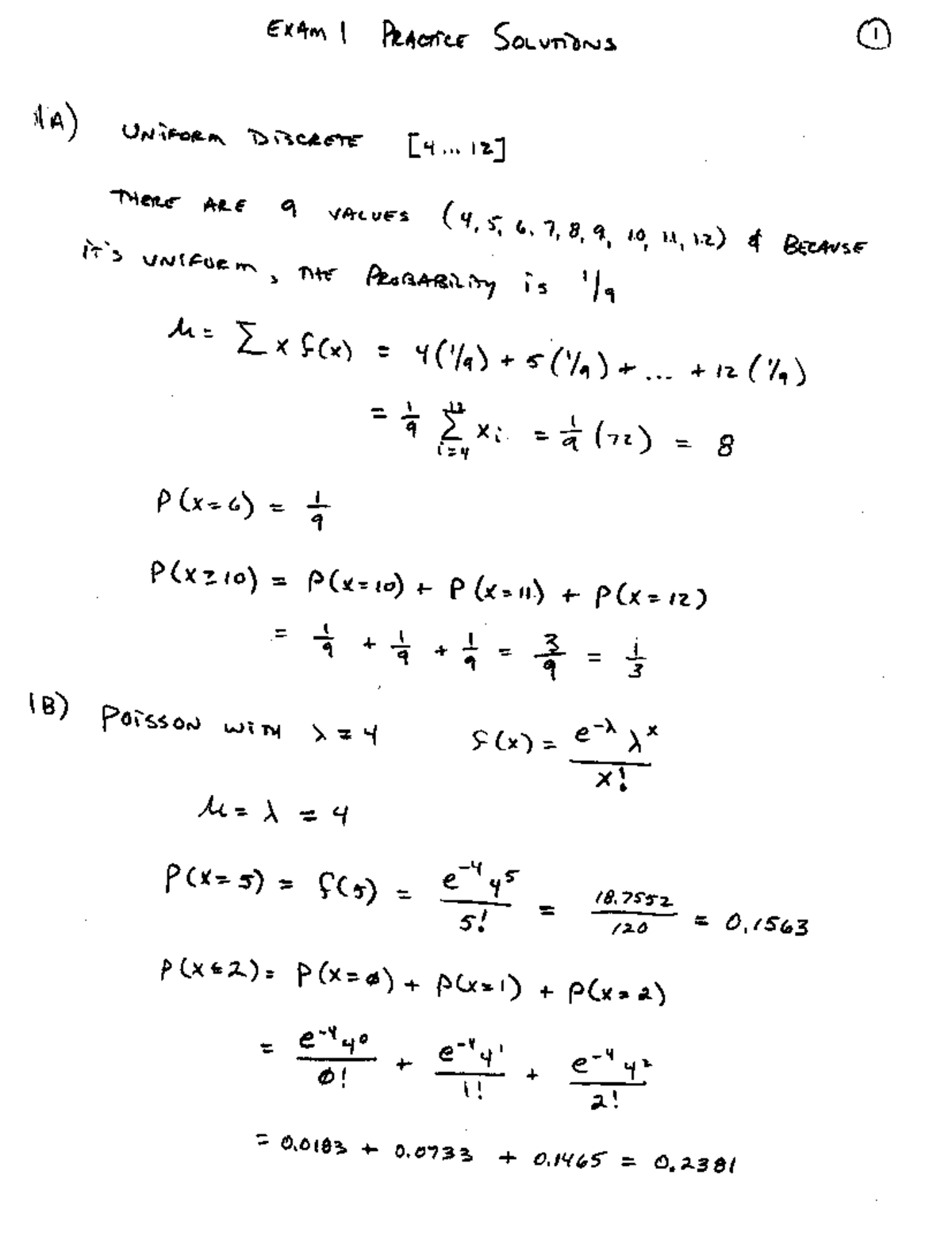 Exam 1 Practice Solutions: Uniform Discrete & Poisson Distributions ...
