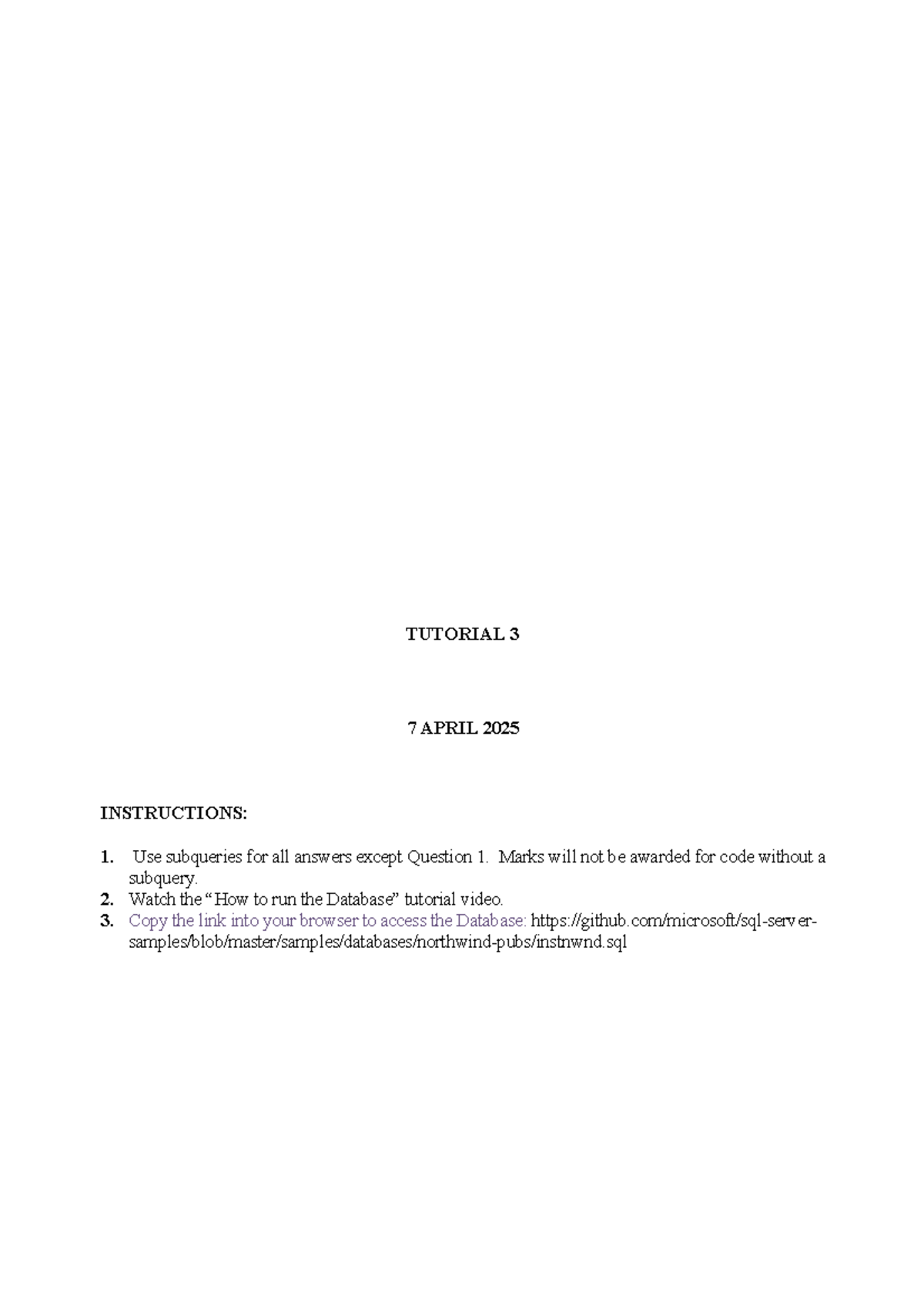 Tutorial 3 - SQL Subqueries Instructions & Questions (7 Apr 2025) - Studocu
