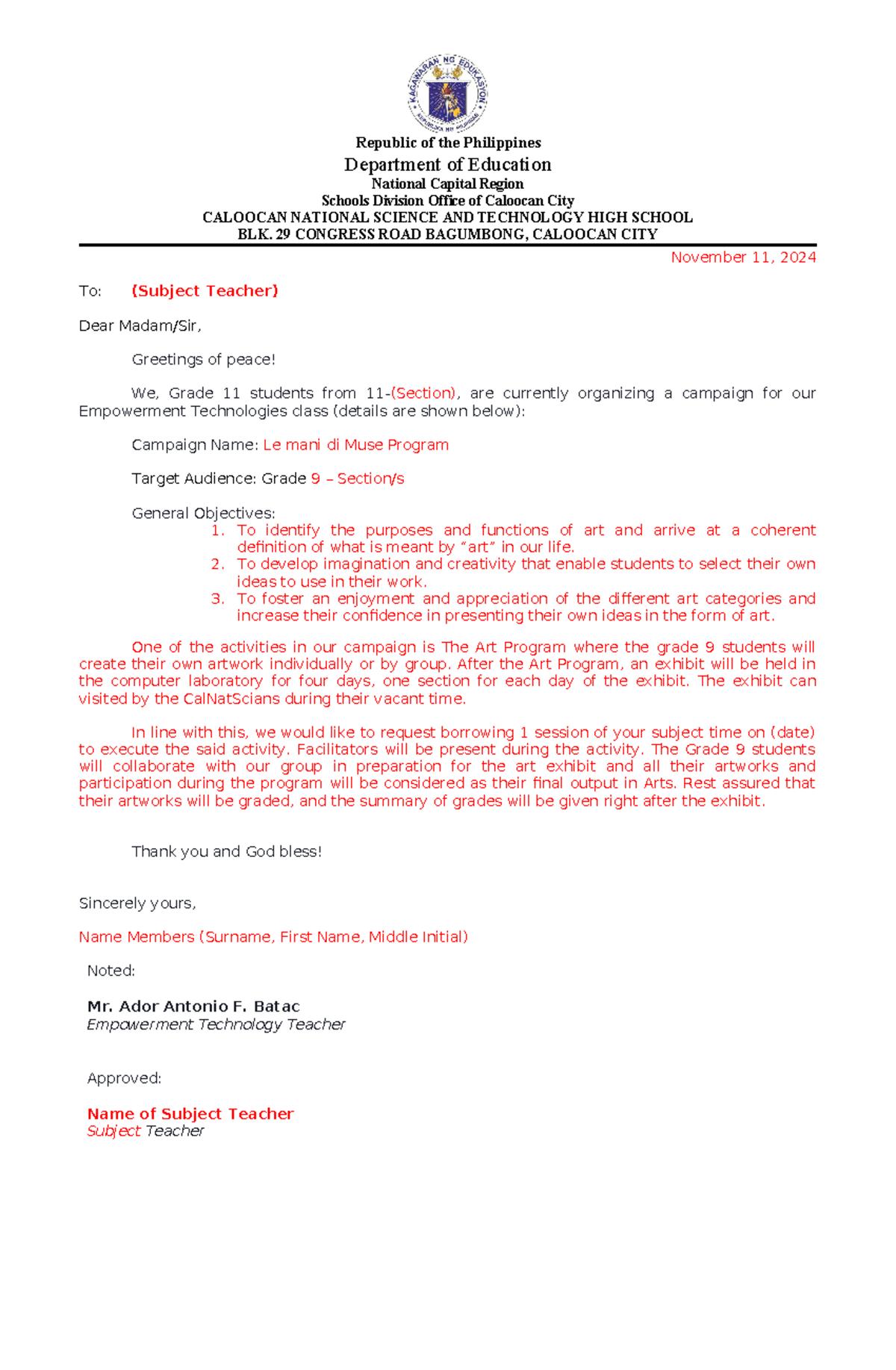 Request Letter to Subject Teacher Campaign - Republic of the ...