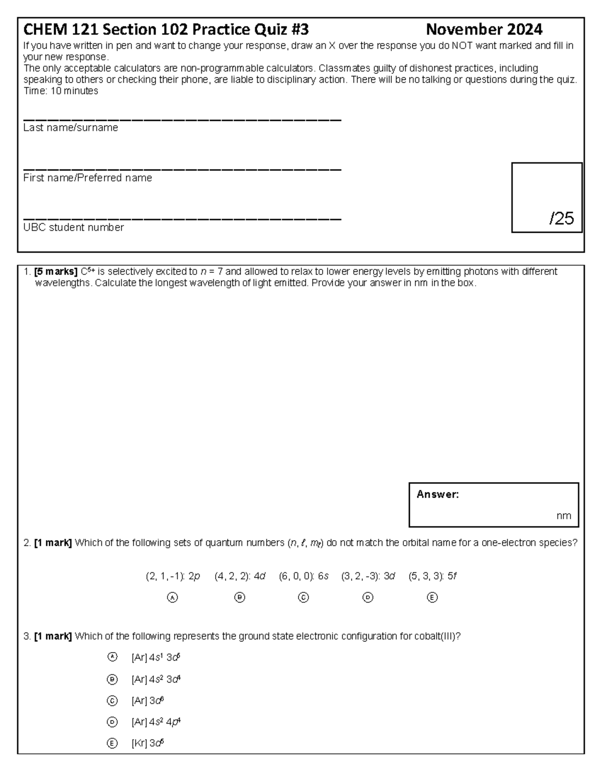 Chem 121 Midterm 2 - Practice Quiz 3 (2024W1) Guide - Studocu