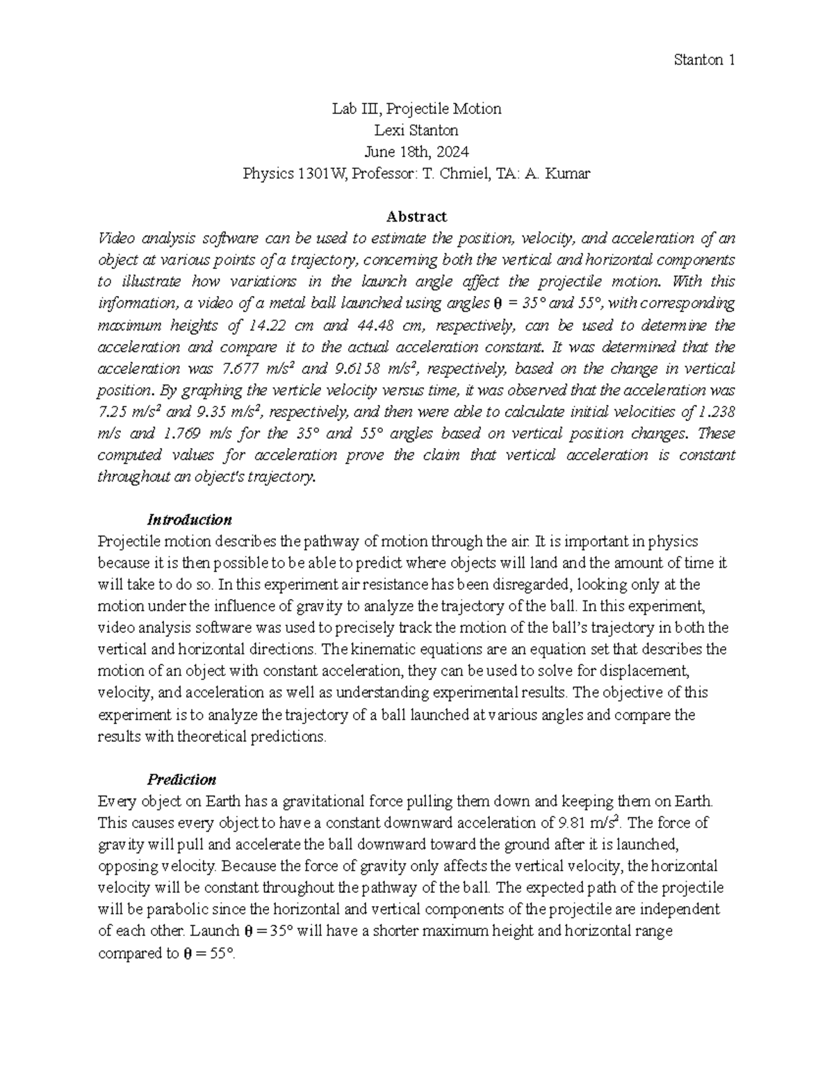 Lab Report 1: Analyzing Projectile Motion - Physics 1301W - Studocu
