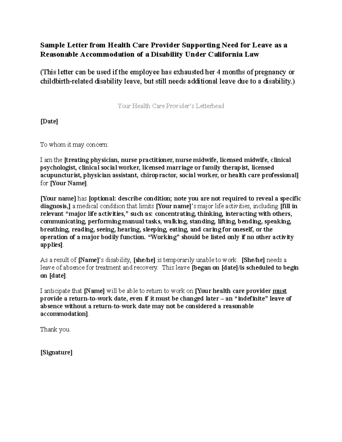 Letter Supporting Disability Leave - Sample Letter from Health Care ...