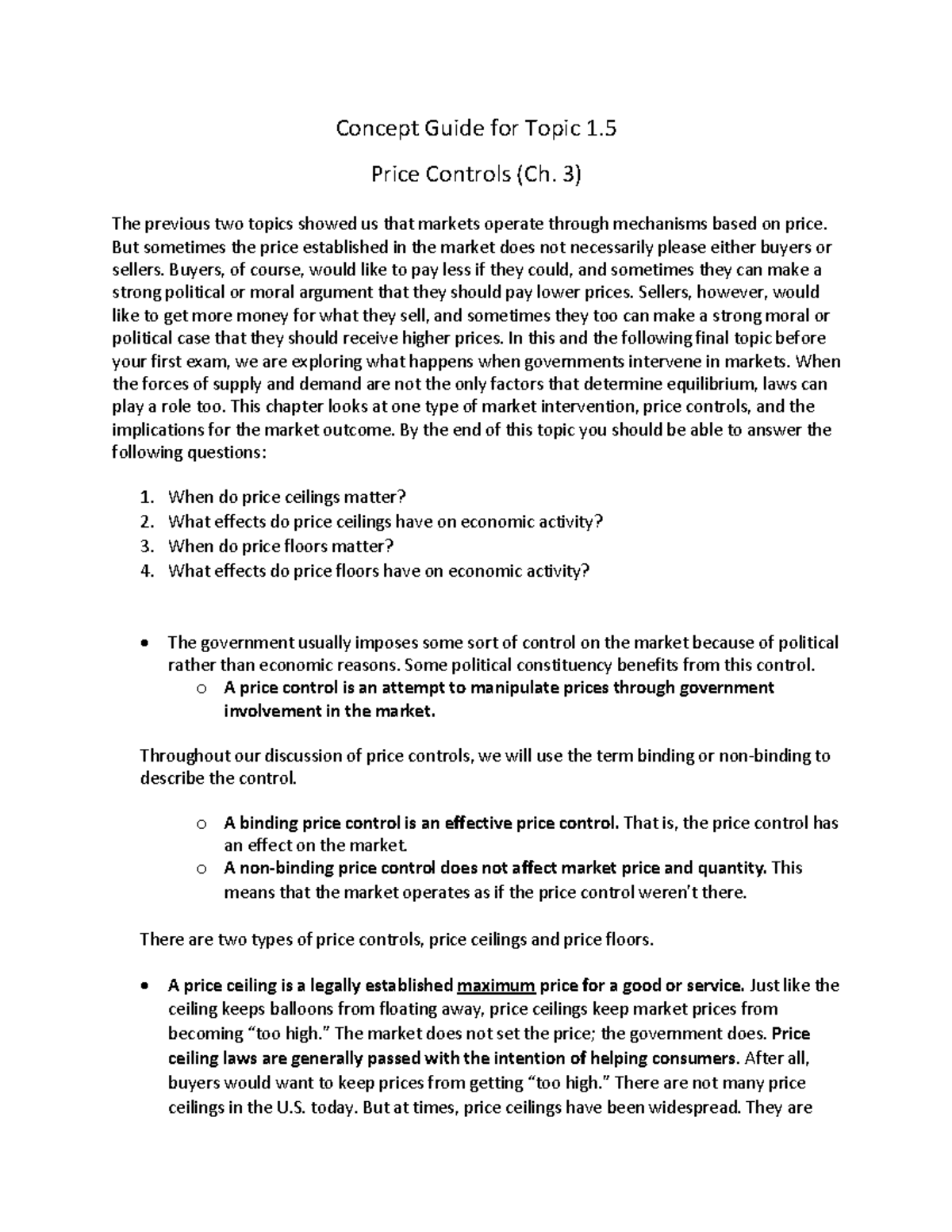 Concept Guide for Topic 1.5: Price Controls and Market Effects - Studocu