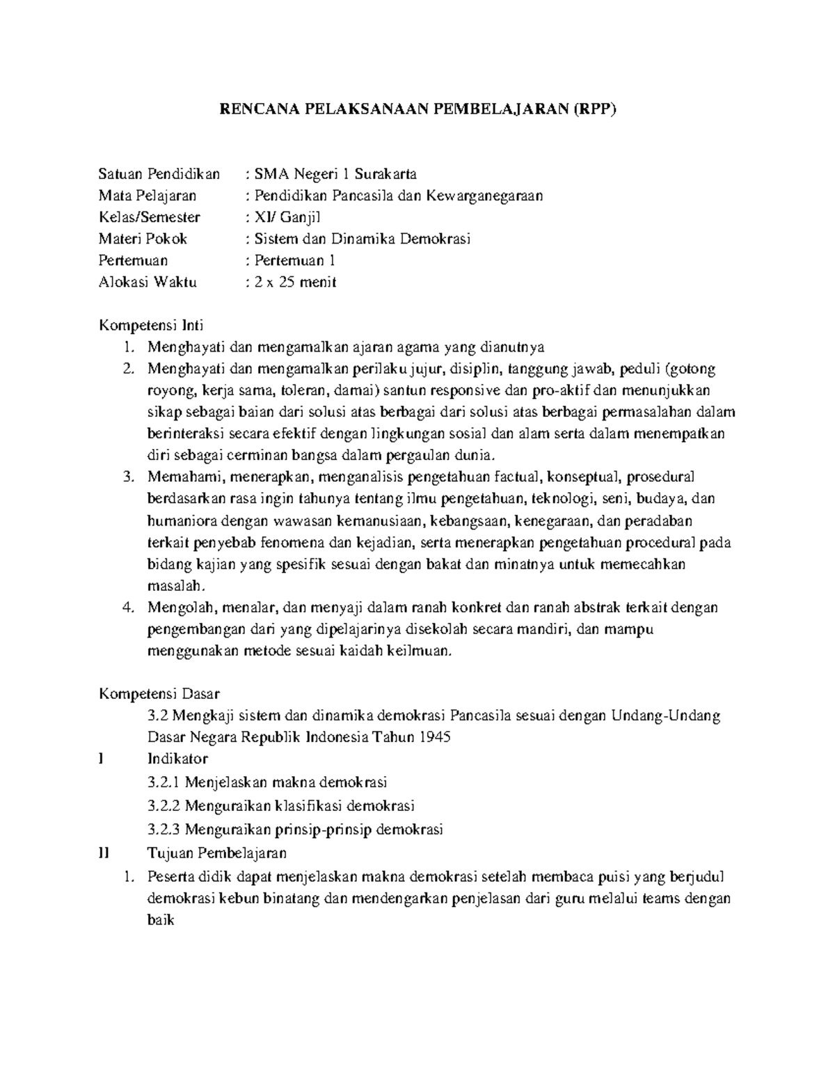 RPP Pendidikan Pancasila dan Kewarganegaraan K6418028: Sistem Demokrasi ...