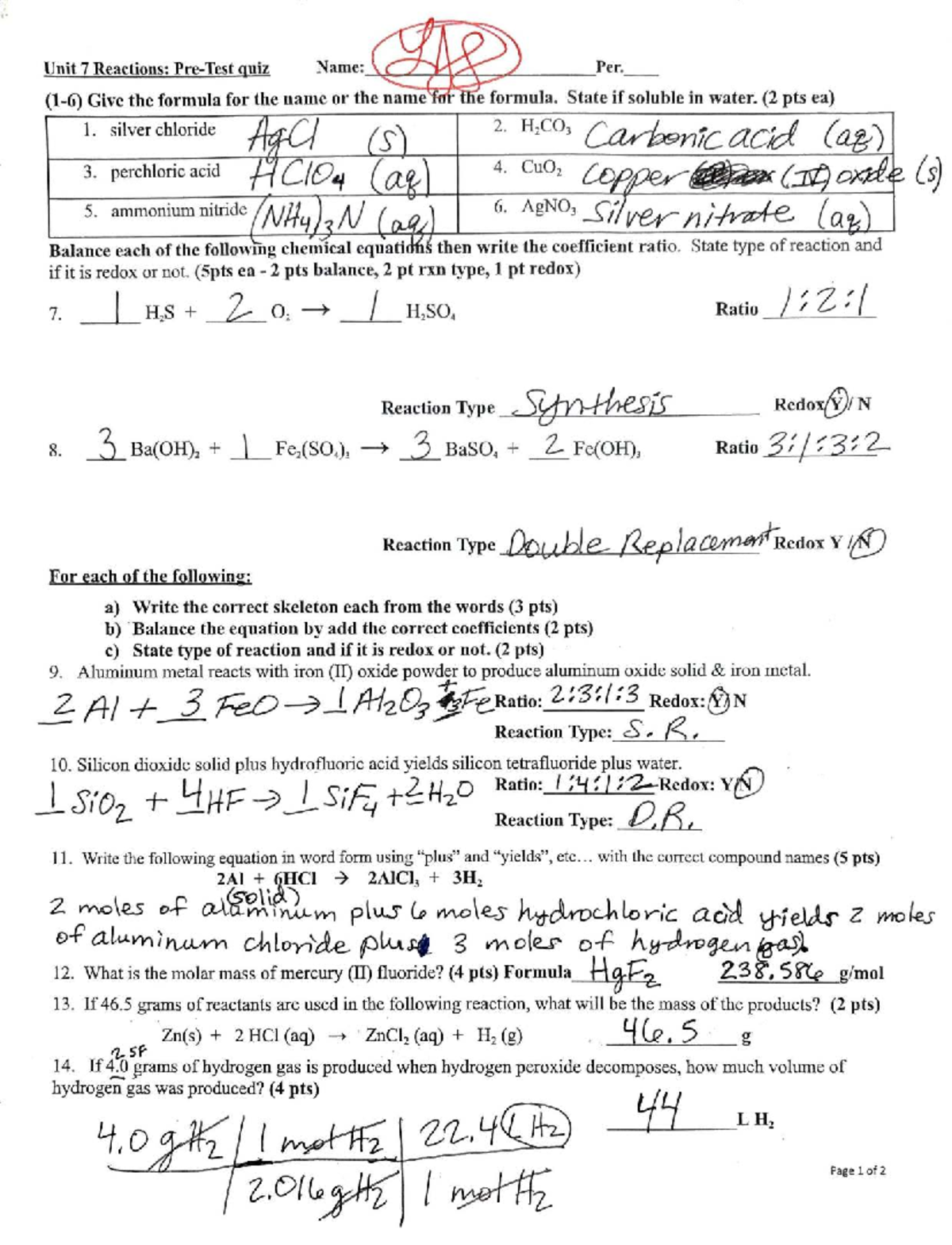 Unit 7 Reactions: Part 1 Pre-Test Quiz KEY - Studocu