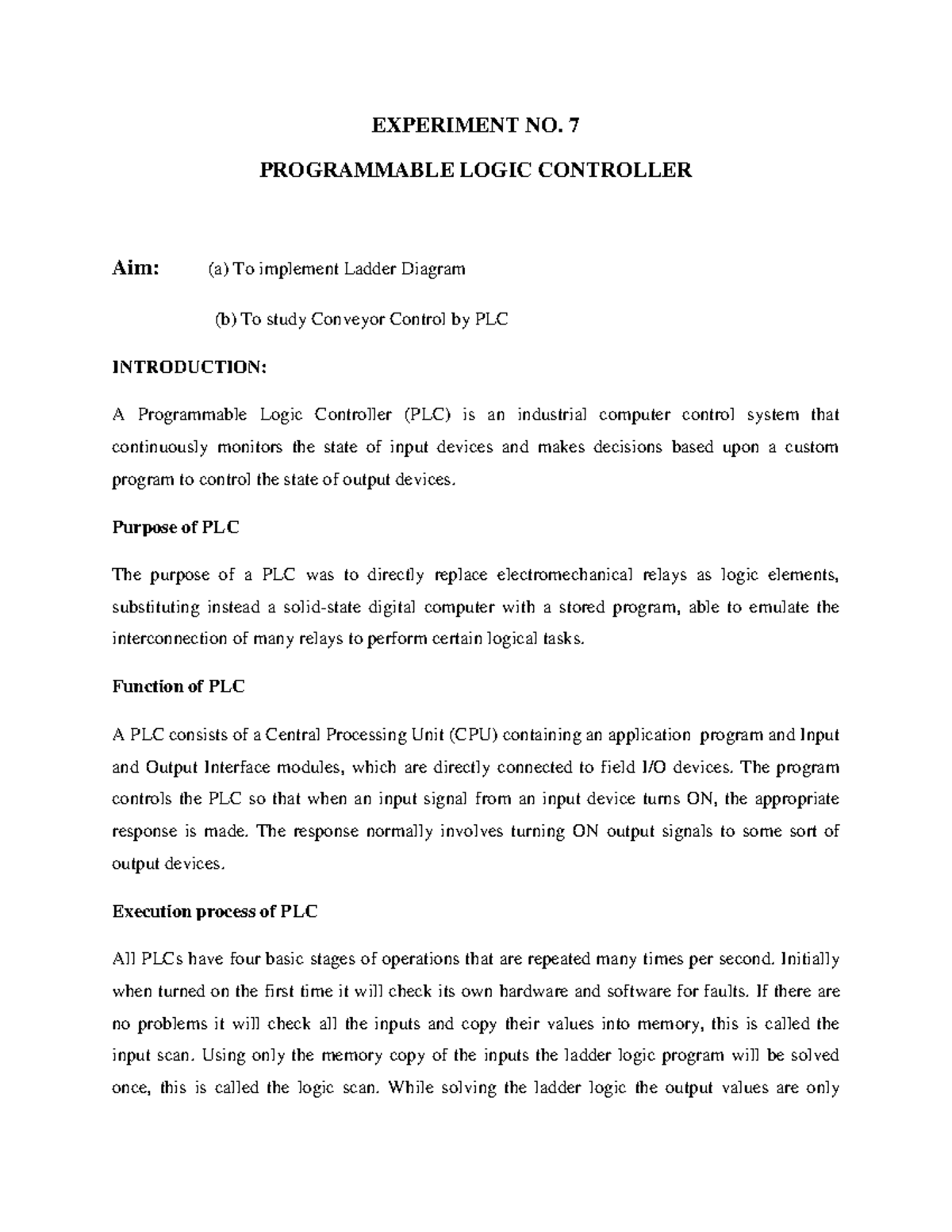 Experiment No. -7 - EXPERIMENT NO. 7 PROGRAMMABLE LOGIC CONTROLLER Aim ...