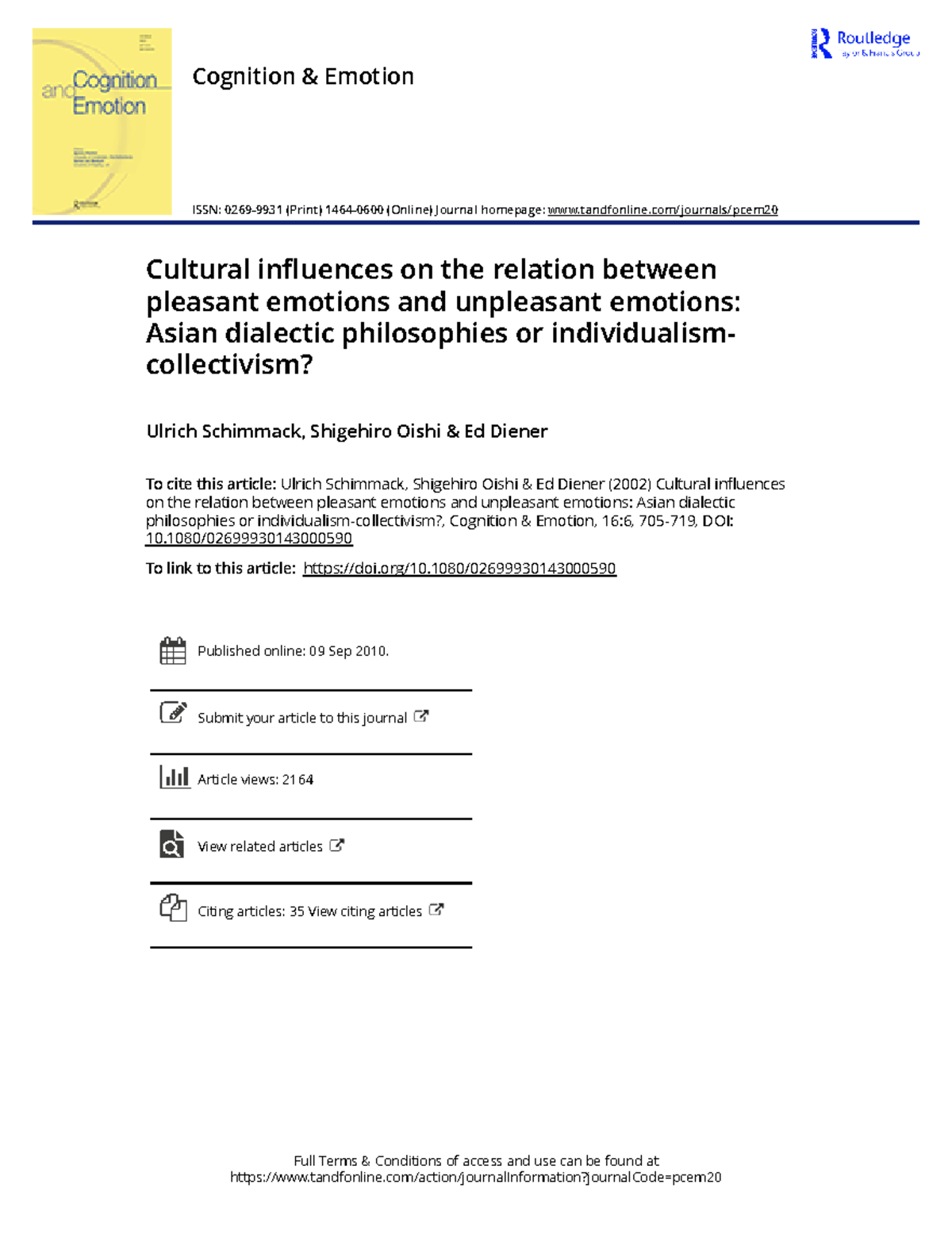 Cognition and Emotion: Cultural Influences on Emotion Relations (2002 ...