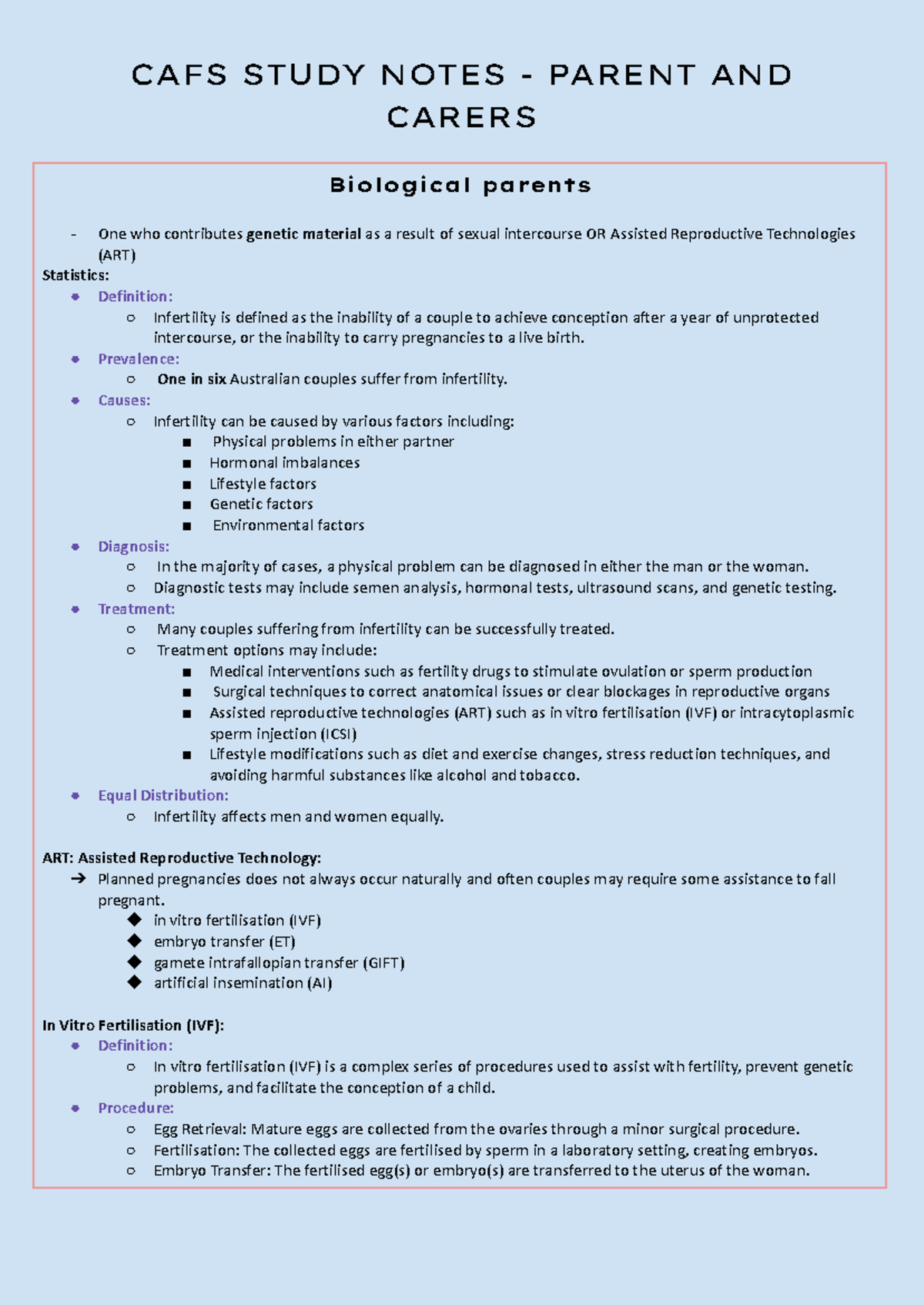 CAFS study notes - parents and carers - CARERS Biological parents - One ...