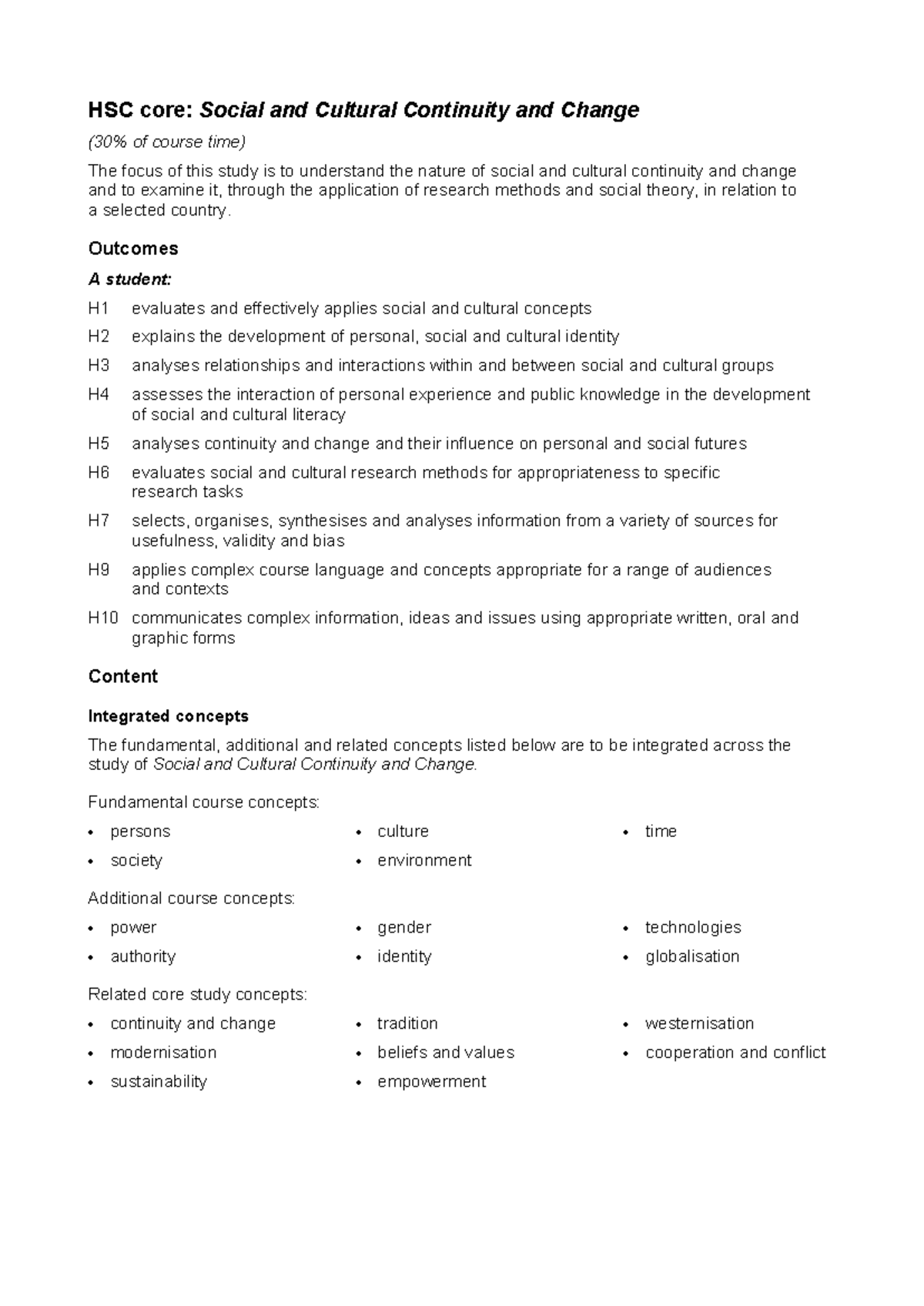 HSC Study: Analysis of Social & Cultural Continuity & Change - Studocu