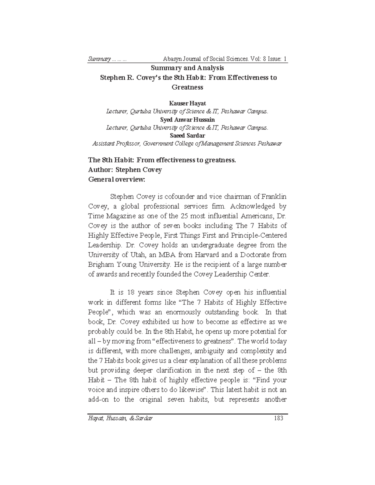 Essay Notes: Summary & Analysis of Covey's "The 8th Habit" (ENG 101 ...
