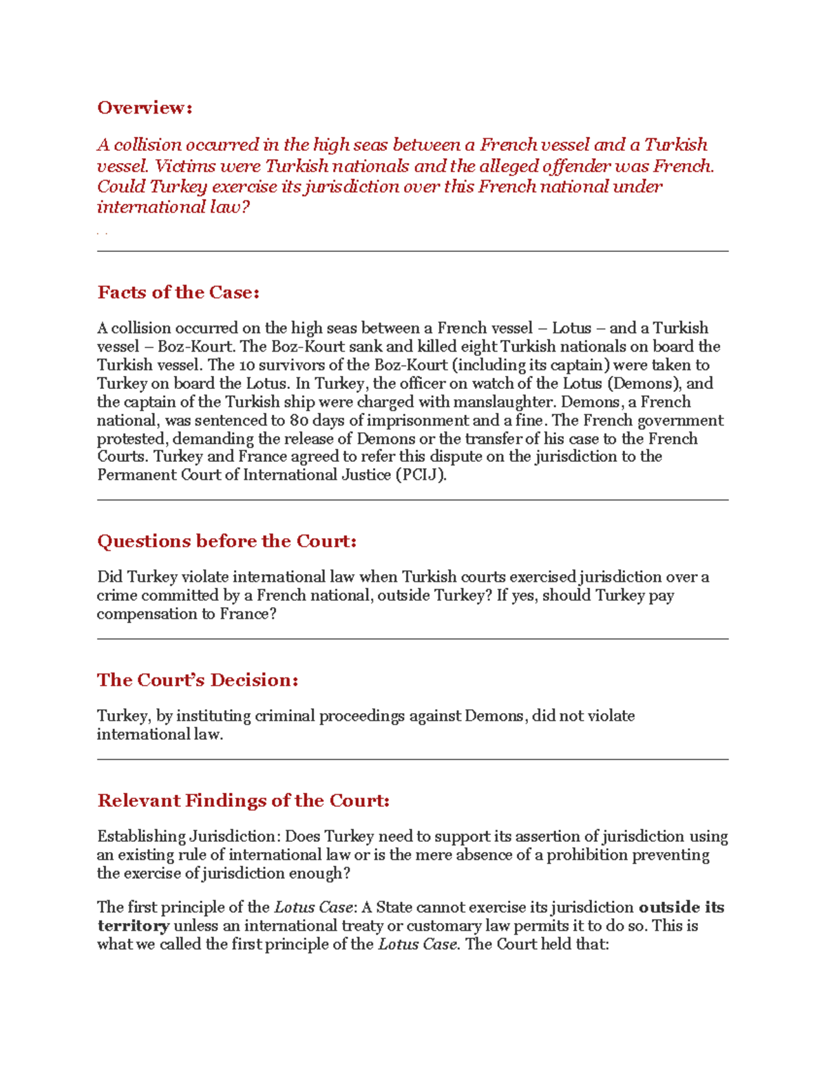 Lotus case - Cases - Overview: A collision occurred in the high seas ...