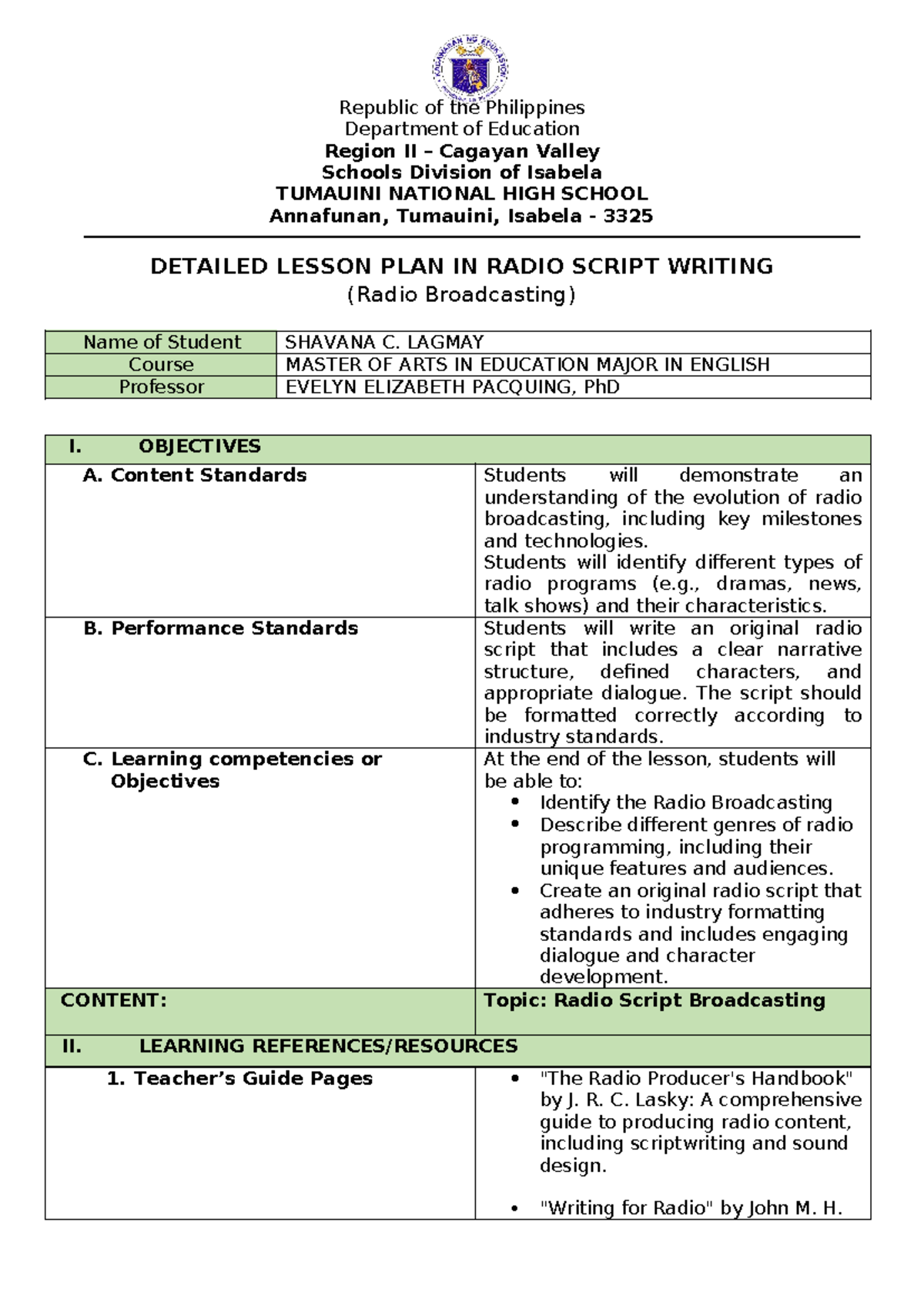 Detailed Lesson Plan in Radio Broadcasting (MAED-English) - Studocu