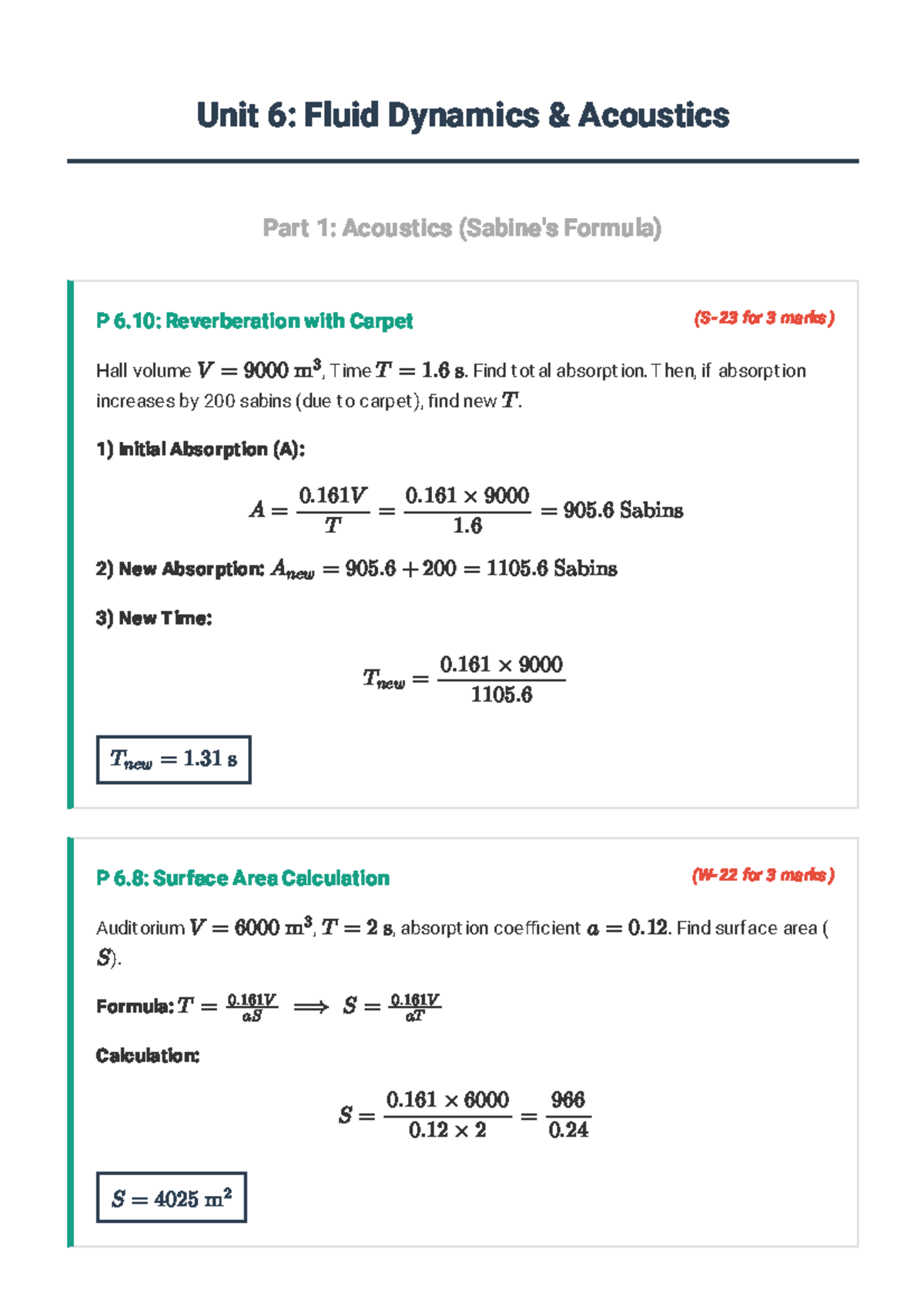 Unit 6: Fluid Dynamics & Acoustics - Key Numerical Problems - Studocu