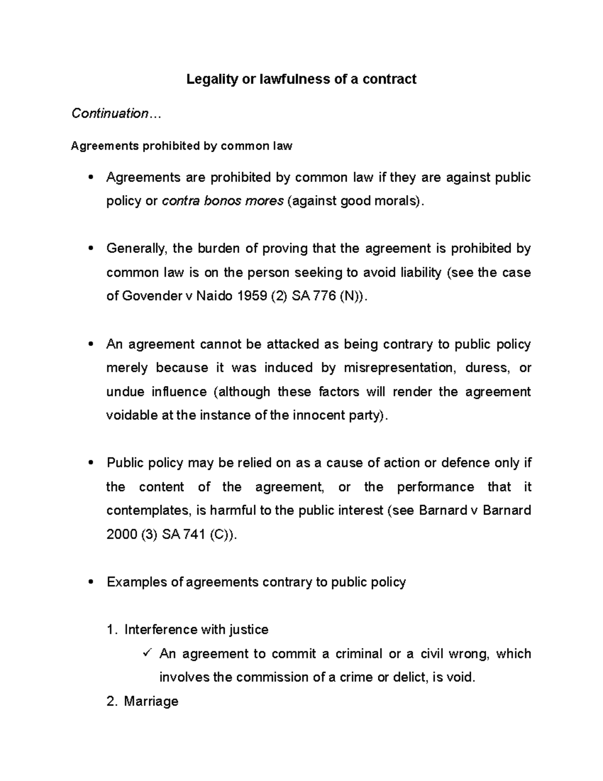 Legality Part 2 - Short notes for law of Contract - Legality or ...