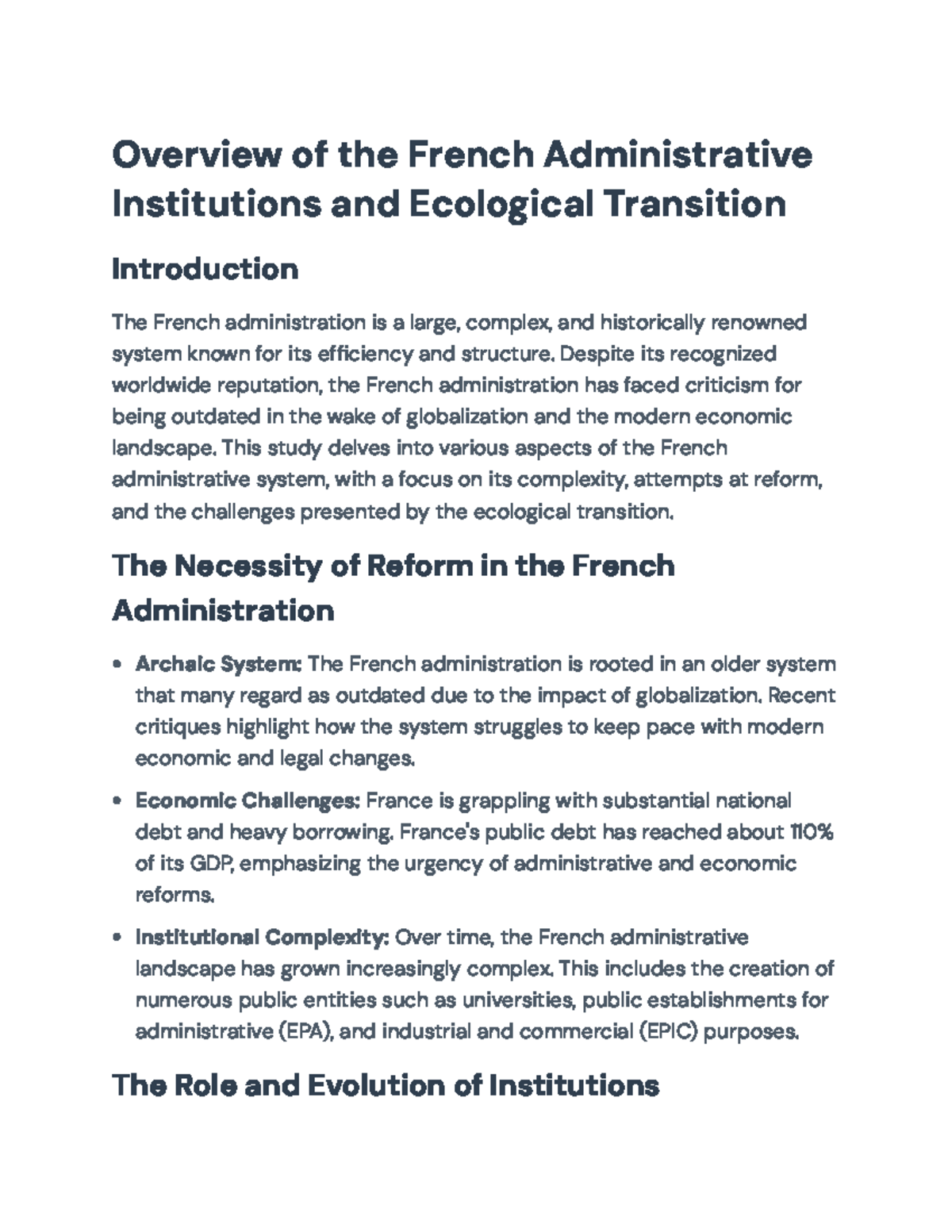 Overview of French Administrative Institutions and Ecological ...