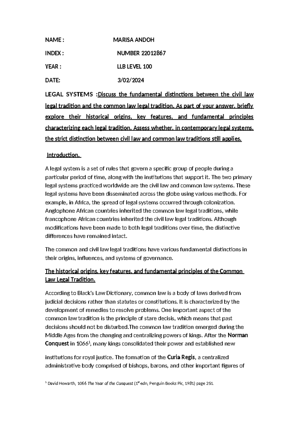 LLB 100 Legal Systems: Common vs. Civil Law Assignment Analysis - Studocu