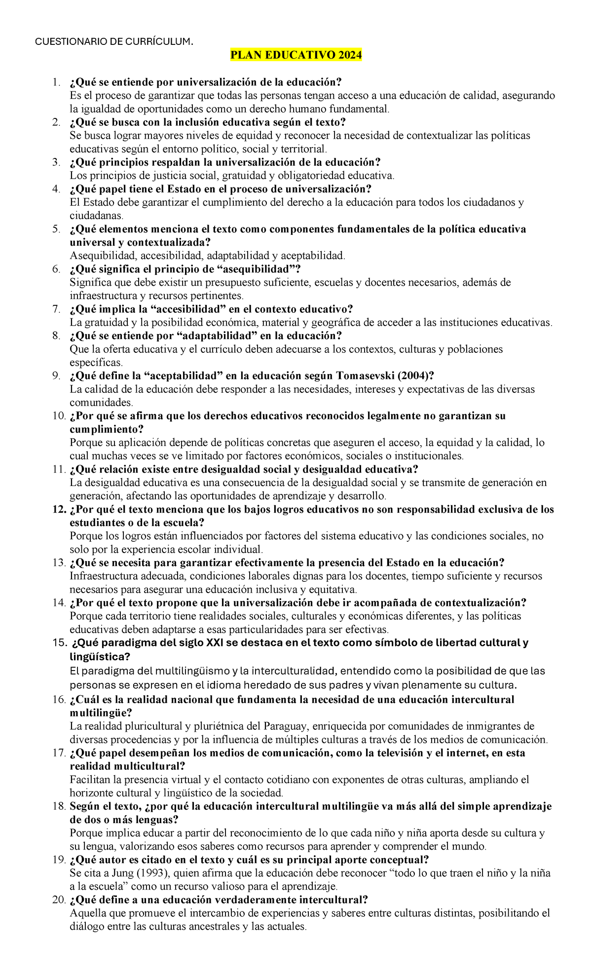 CUESTIONARIO DE CURRÍCULUM. PLAN EDUCATIVO 2024 - Studocu