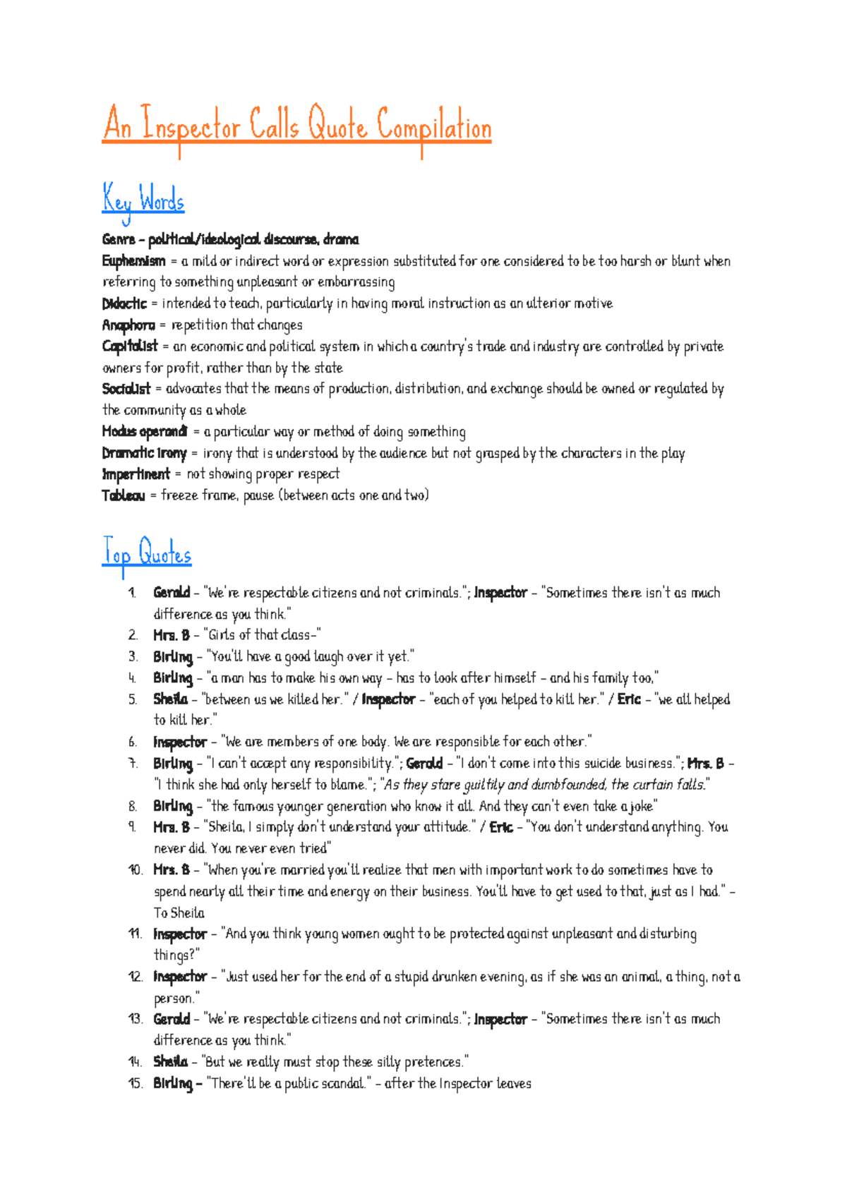 An Inspector Calls: Key Quotes and Analysis for Study - Studocu