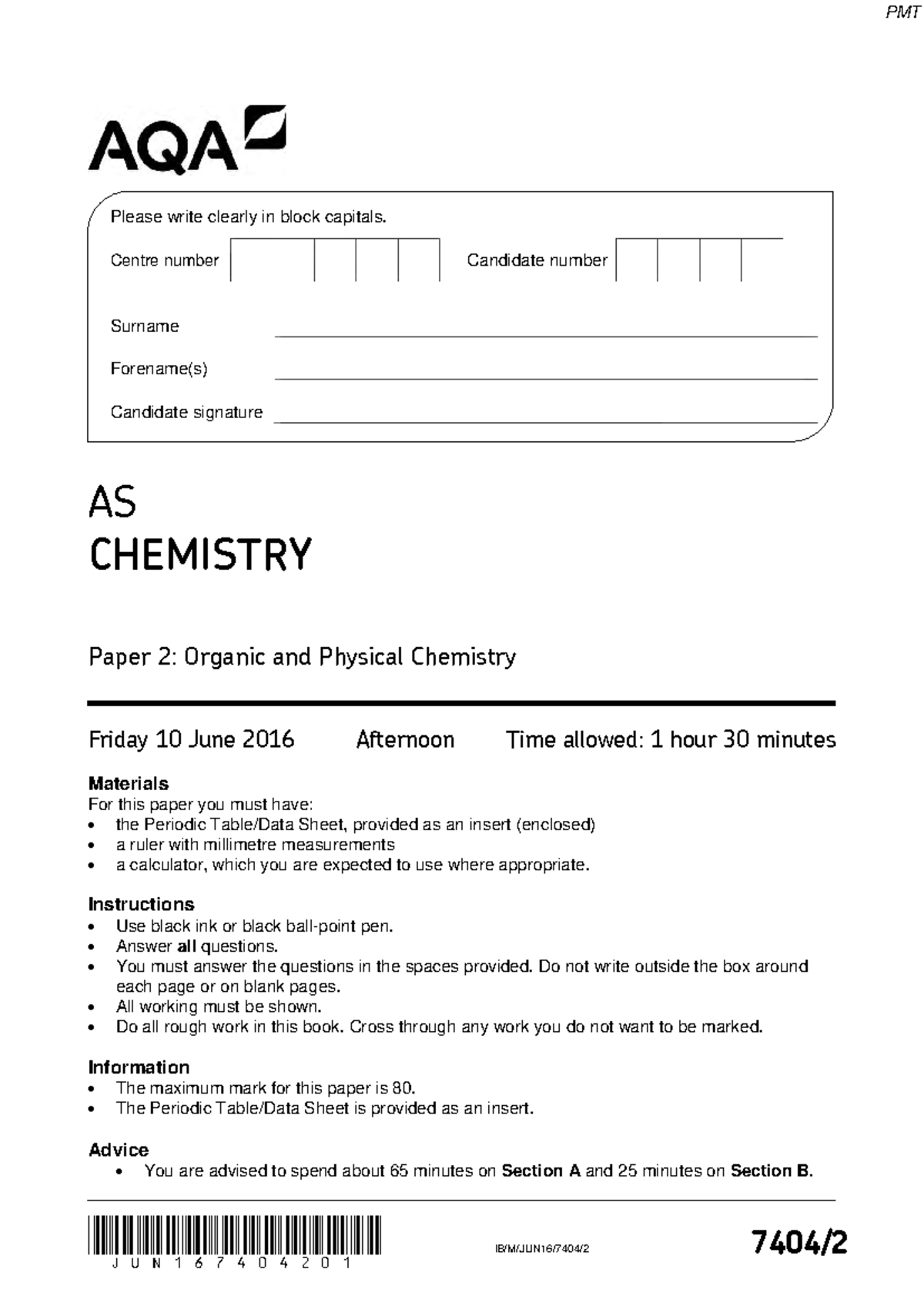 June 2016 IB Chemistry Paper 2: Organic and Physical Chemistry Exam ...