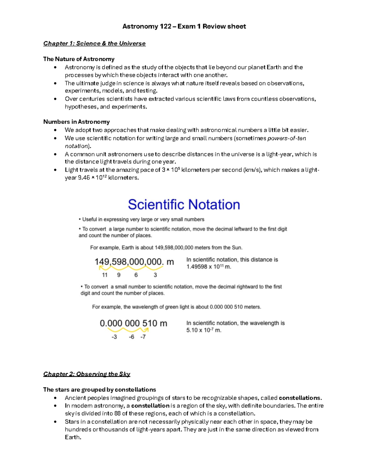 Astronomy 122 – Exam 1 Review: Key Concepts and Calculations ...