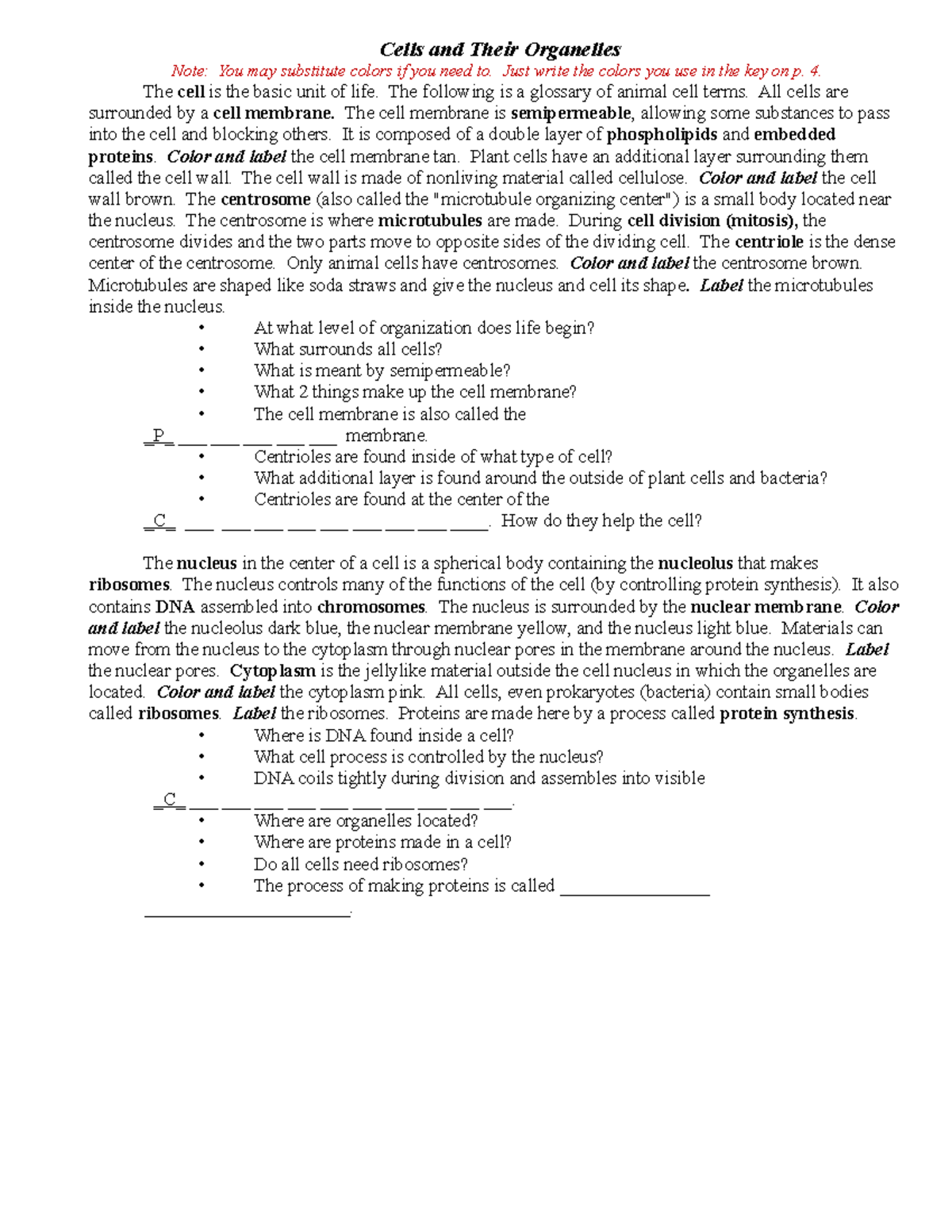 Cell Coloring Guide - Cells and Their Organelles Note: You may ...