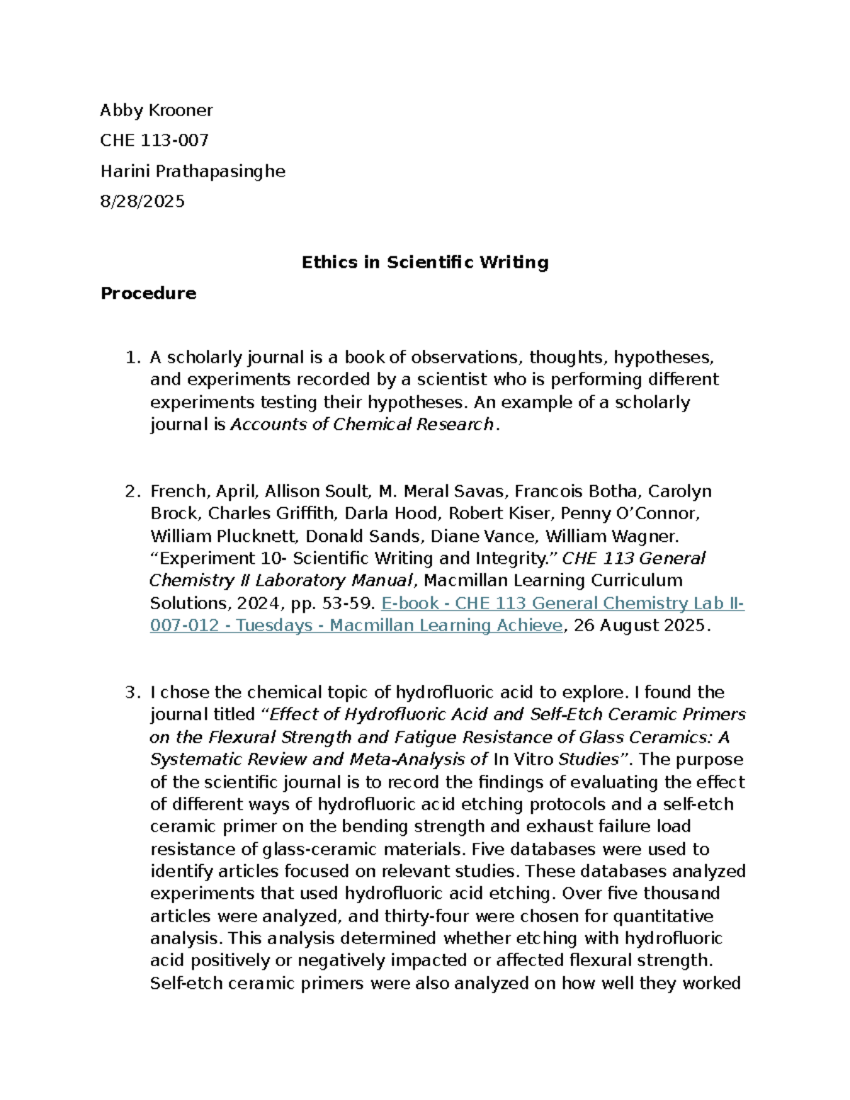 Ab Krooner CHE 113 Lab Report: Ethics in Scientific Writing - Studocu