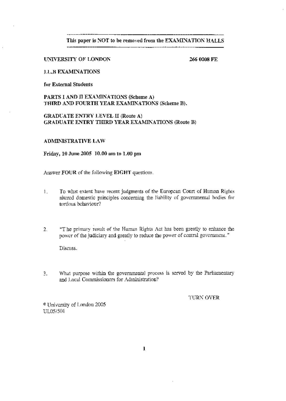 Admin Law 266 FE LL.B Exam Paper - External Students (June 2005) - Studocu