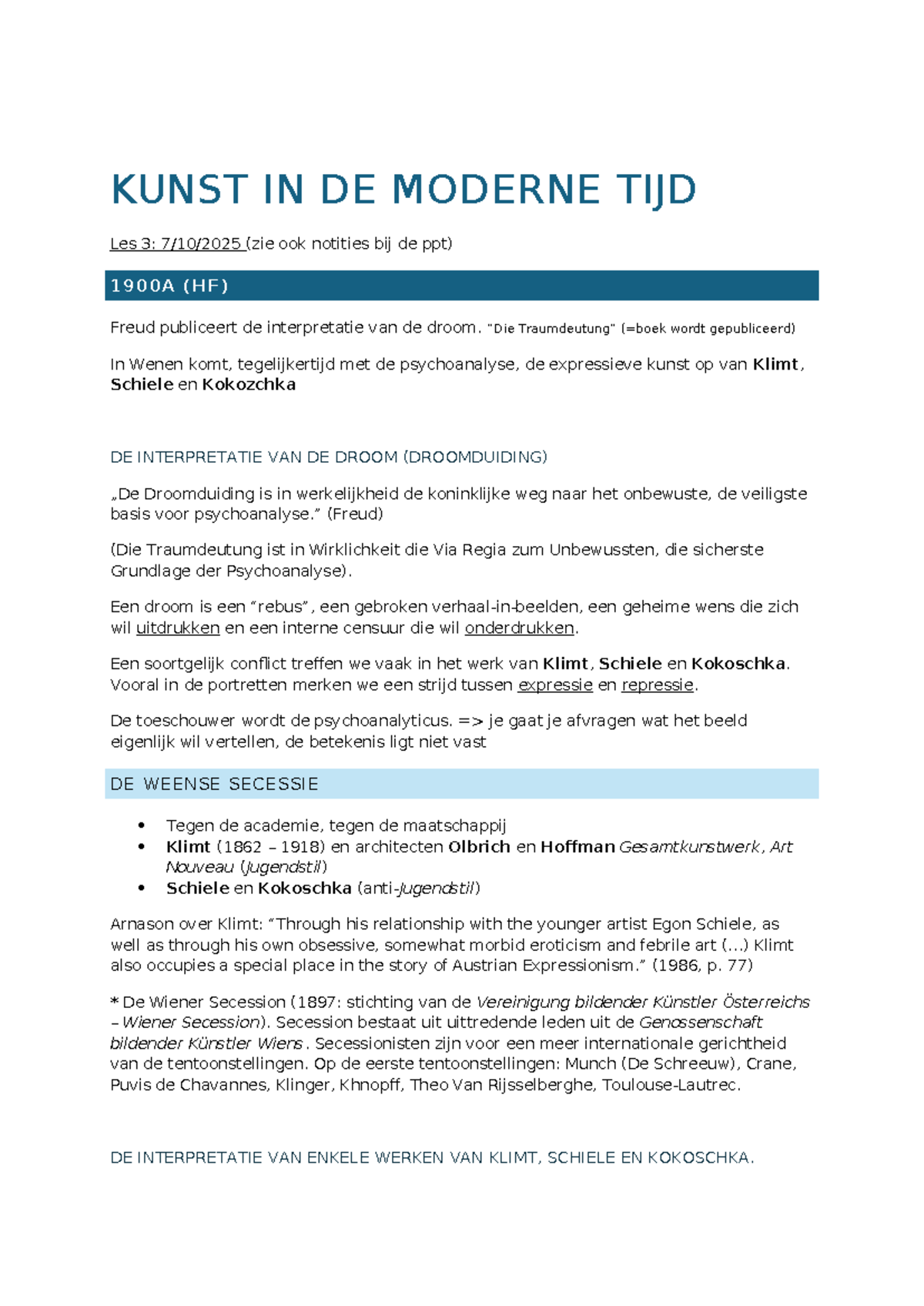 KUNST IN DE MODERNE TIJD Les 3: Droomduiding en Weense Secessie 1900A ...