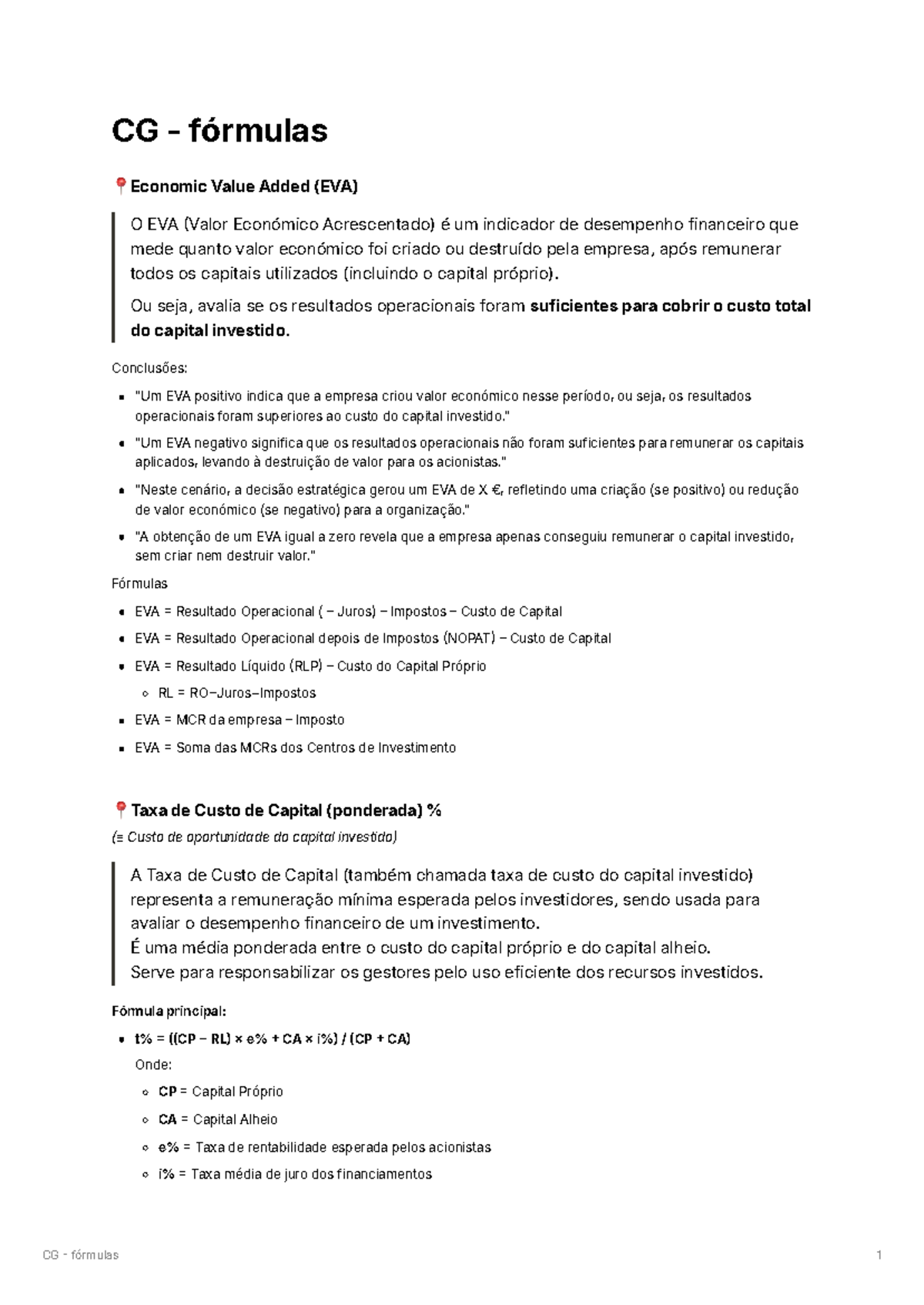 CG Fórmulas: Resumo das Principais Fórmulas para Exame - Studocu