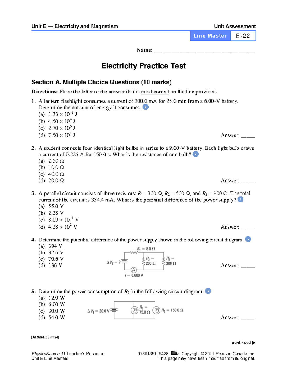 Electricity Practice Test - PhysicsSource 11 Teacher’s Resource ...