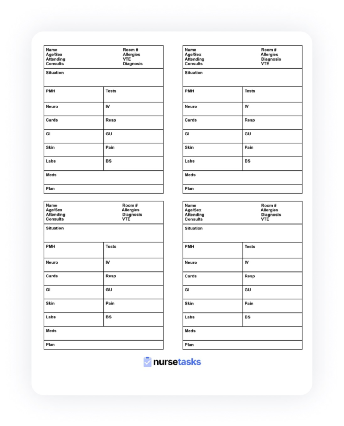 Patient nurse report sheet - Name Room Name Room Allergies Allergies ...