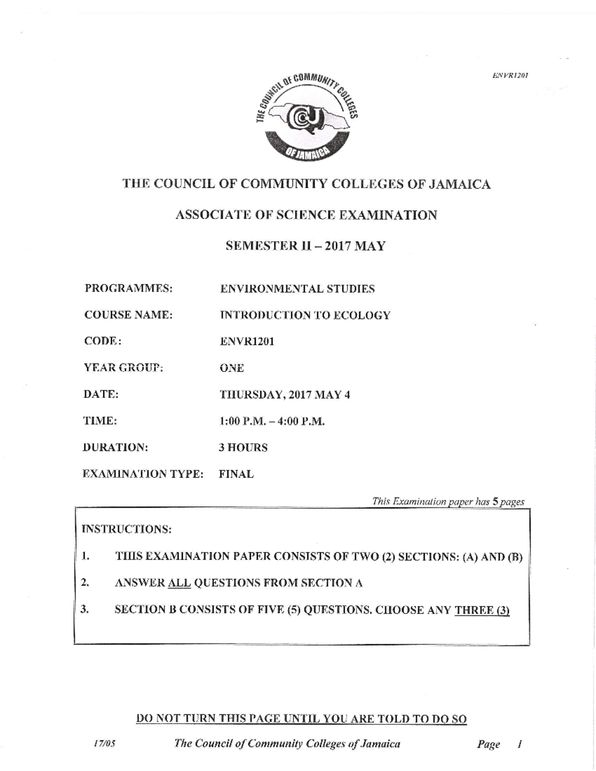 ENVR1201 Final Exam - Introduction to Ecology - Studocu