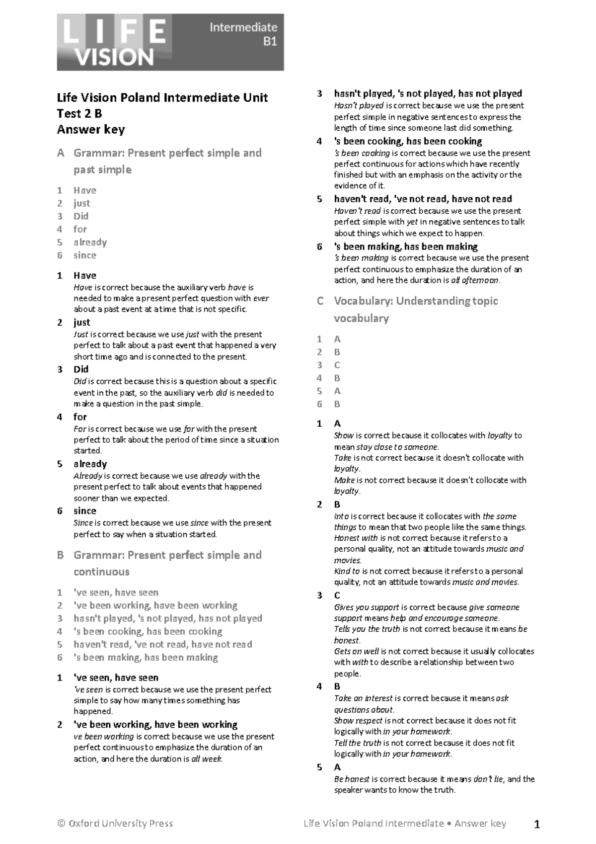 Life Vision Poland Intermediate Unit Test 2B Answer Key - Studocu
