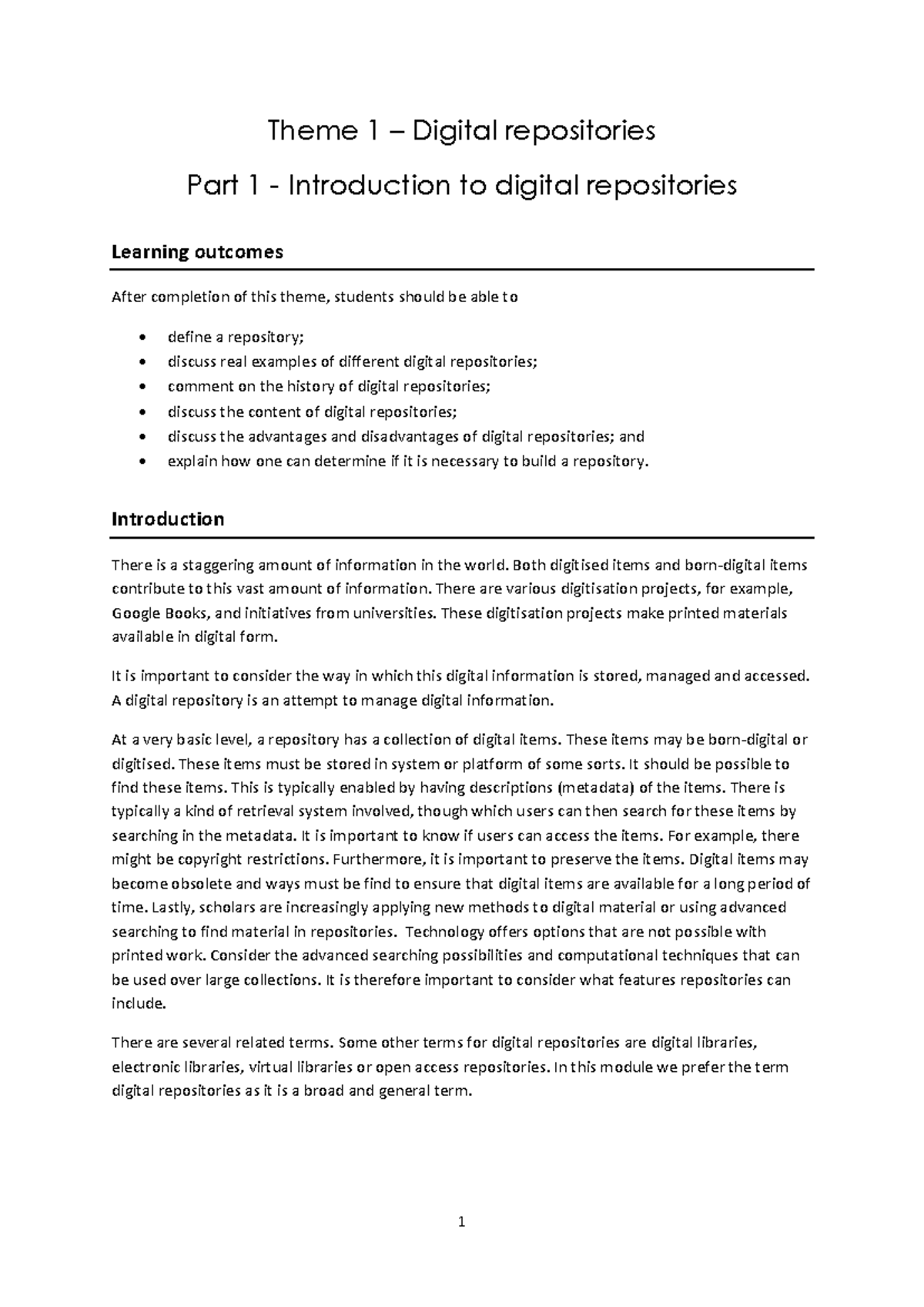 INL 340 Digital Repositories Theme 1 Notes 2024 - Studocu