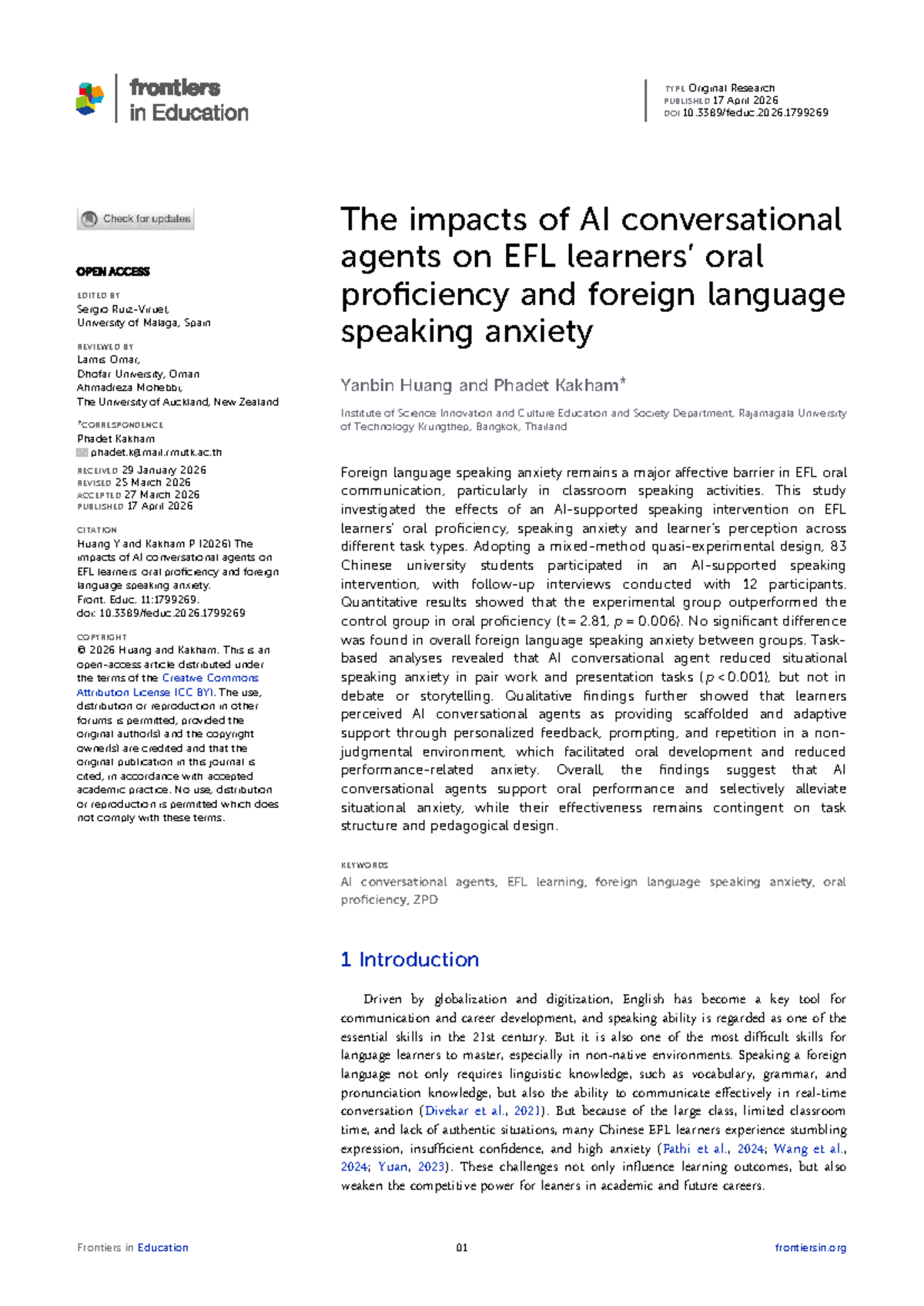 The Impacts of AI Conversational Agents on EFL Oral Proficiency and ...
