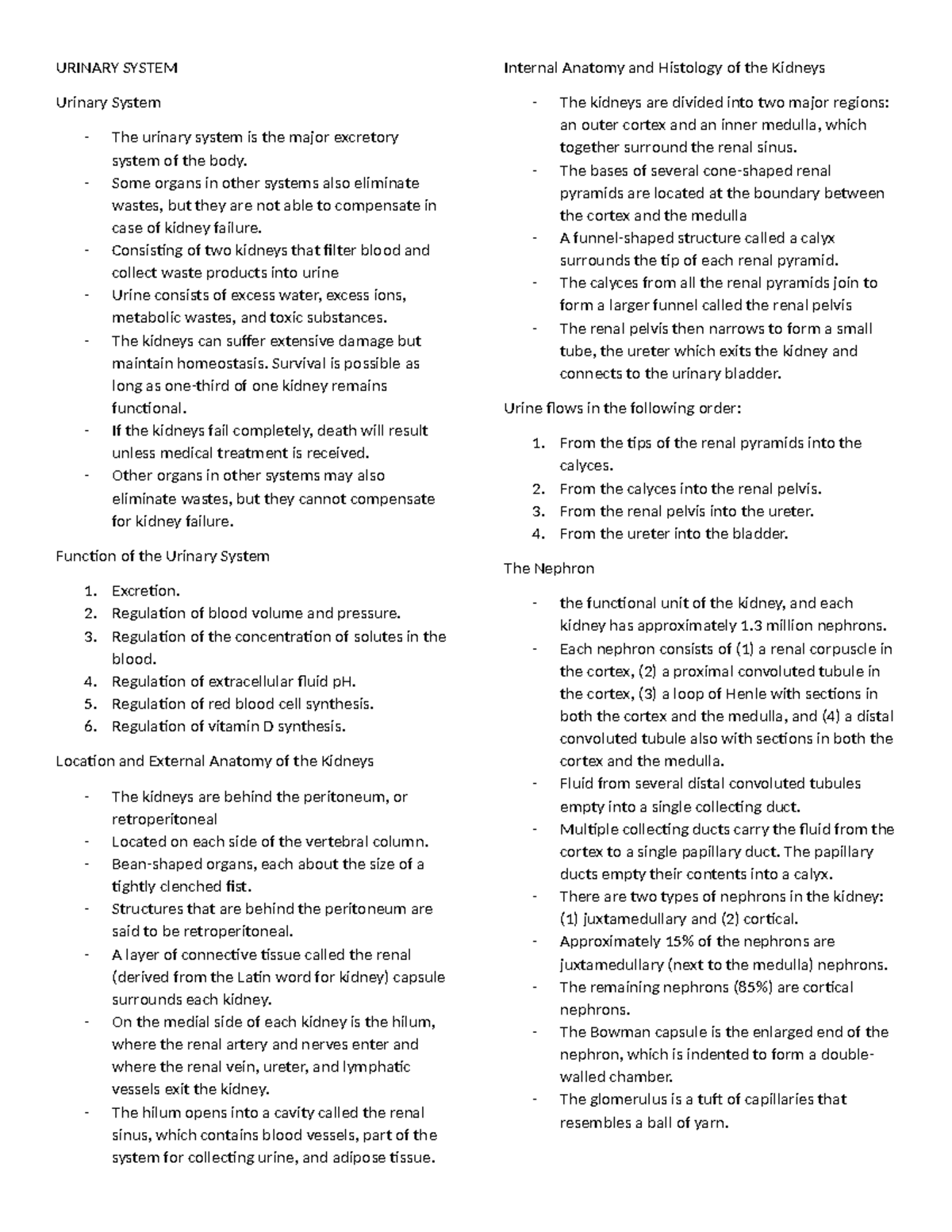 Urinary System - notes - URINARY SYSTEM Urinary System - The urinary ...