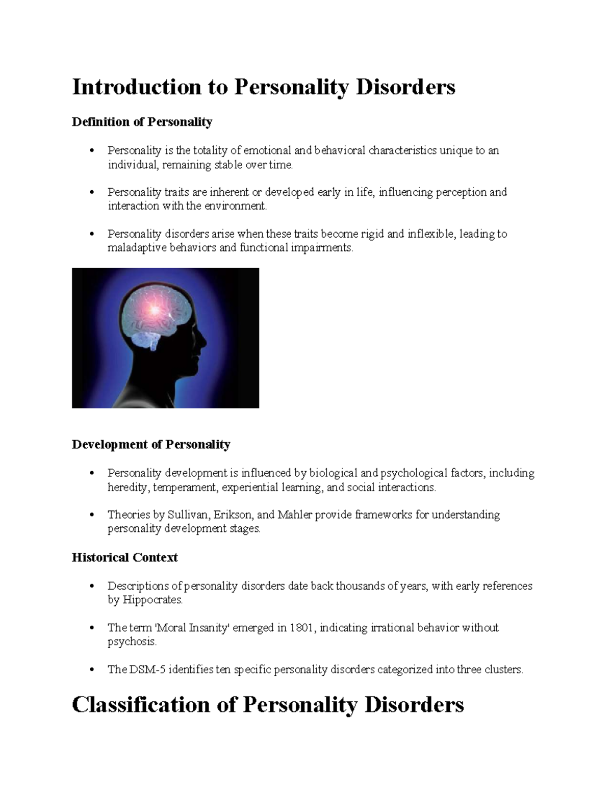 Personality Disorders Overview - Mental Health (PSY 101) - Studocu