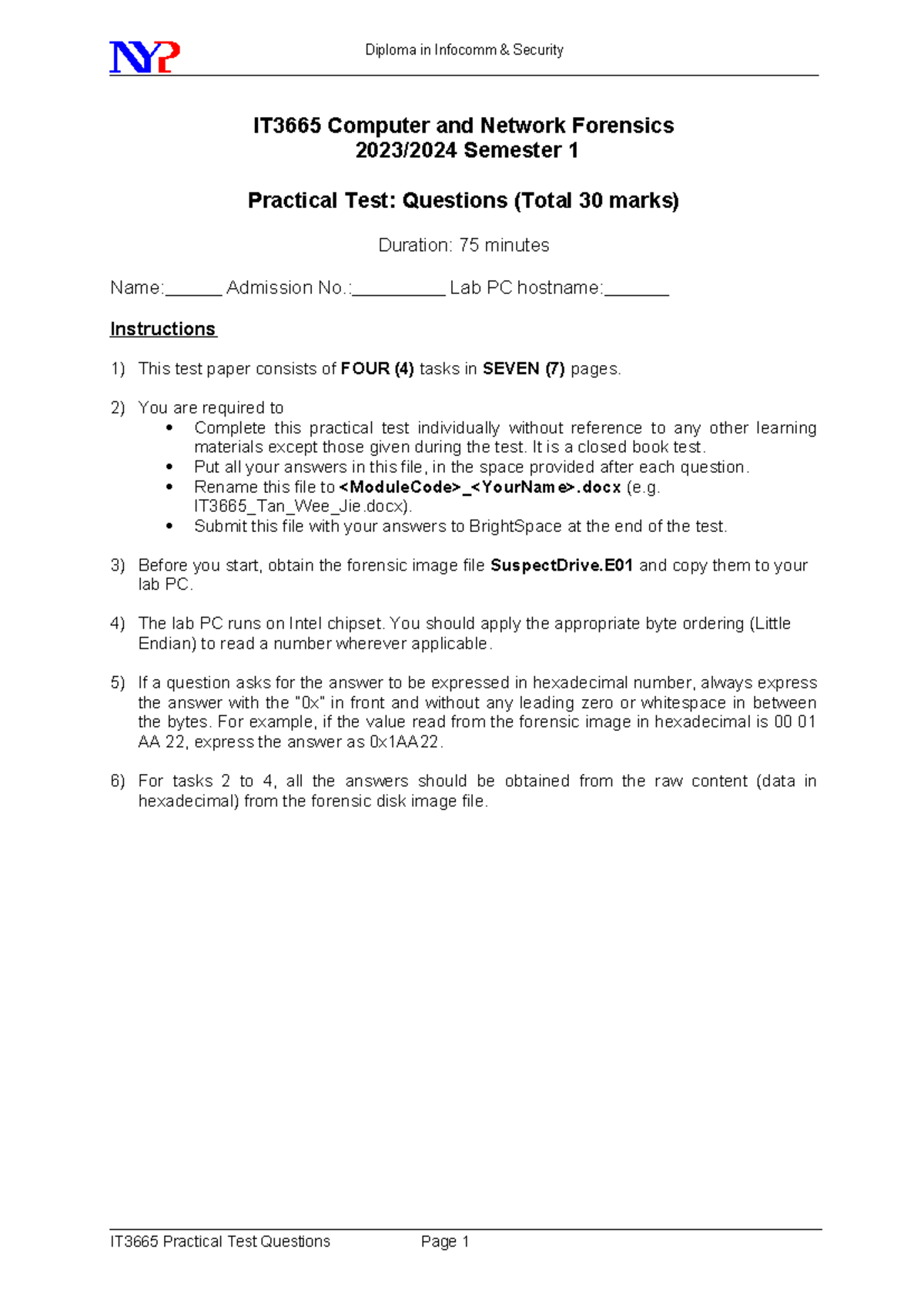 IT3665 Semester 1 Practical Test: Computer & Network Forensics ...