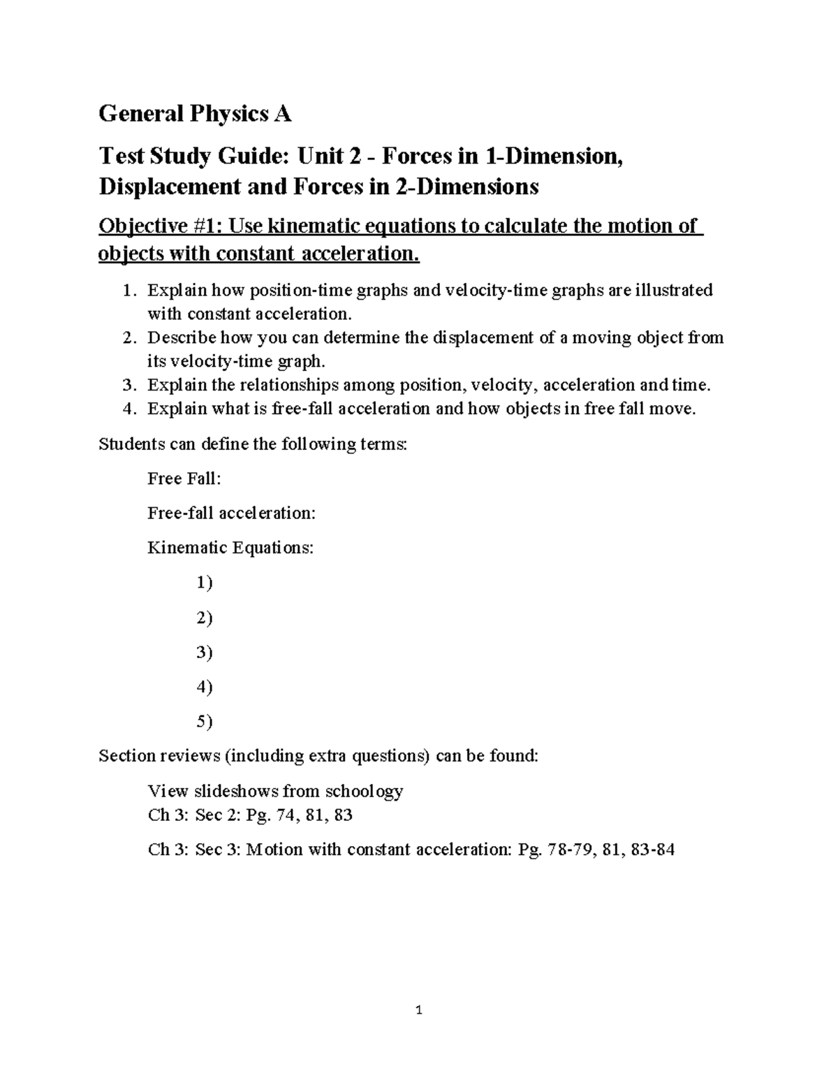 General Physics A Study Guide: Unit 2 - Forces and Motion Concepts ...