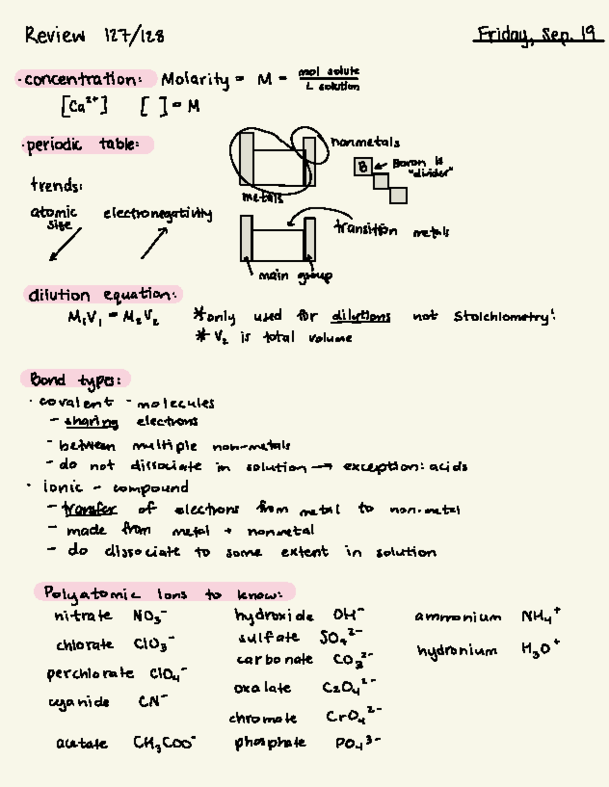 Chemistry Review Notes: Molarity, Bond Types & Redox Reactions - Studocu