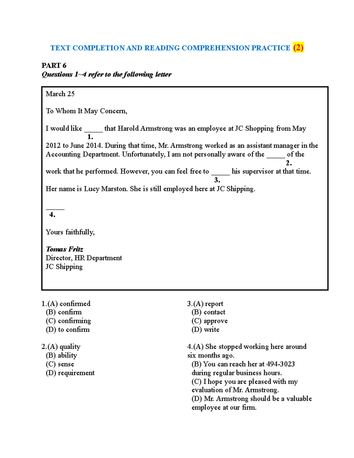 Reading Practice - Bài 1: Text Completion & Comprehension Questions ...