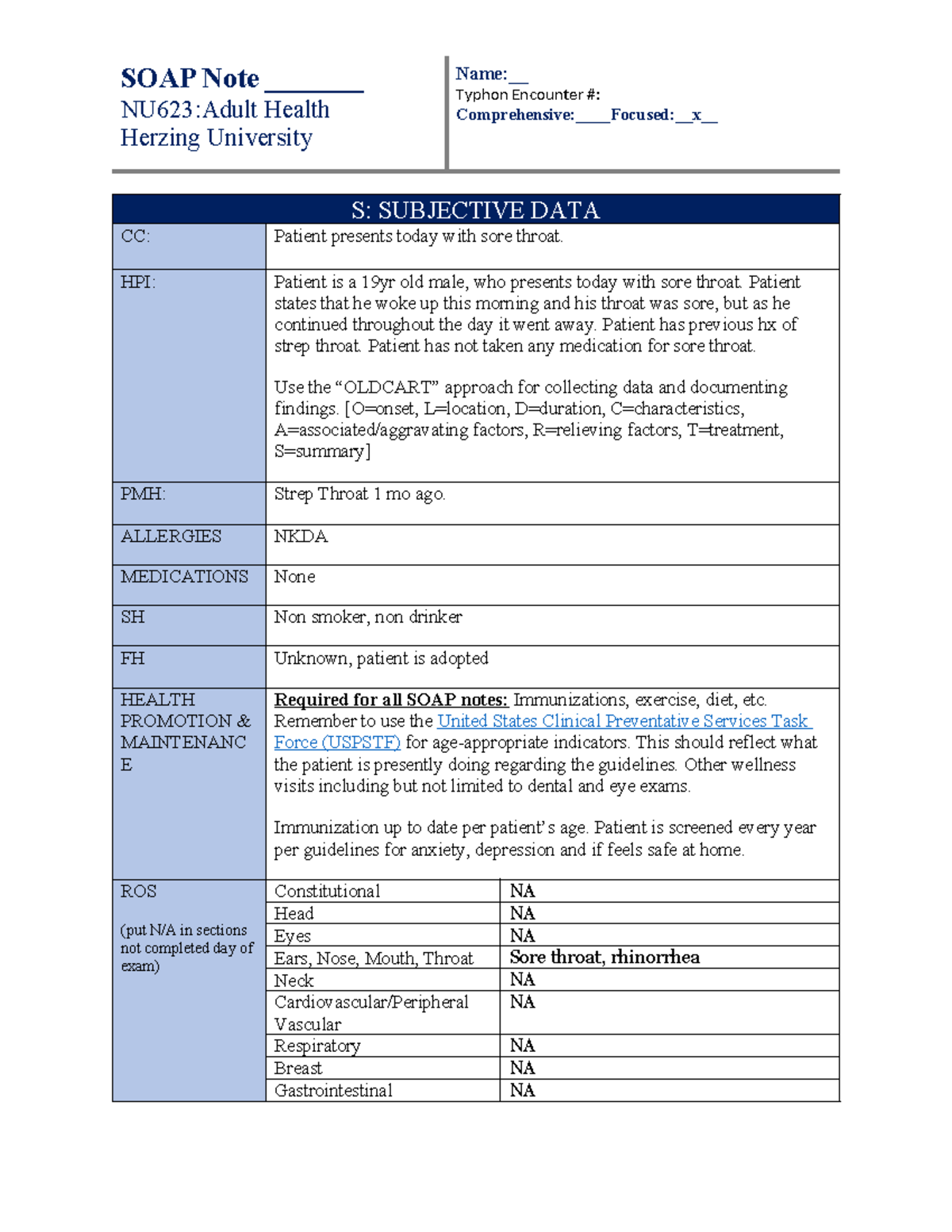001 Soapnote - Soap Note - SOAP Note _______ NU623:Adult Health Herzing ...