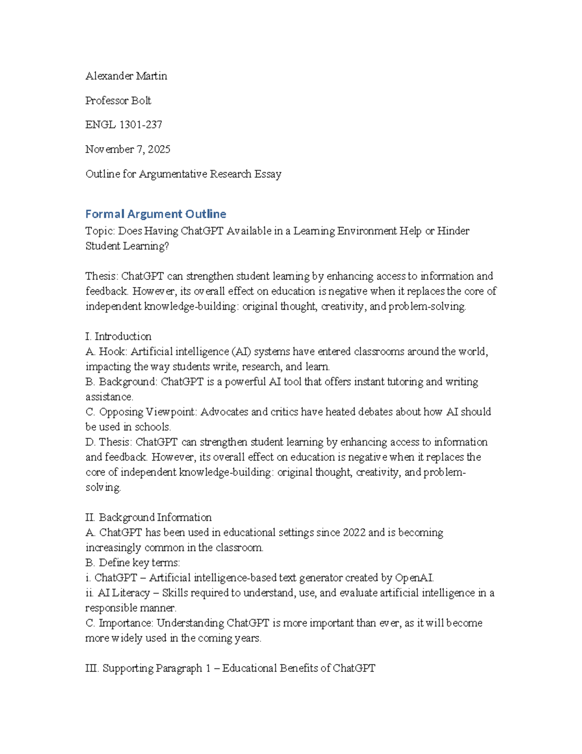 ENGL Argumentative Research Essay Outline: ChatGPT's Impact on Learning ...