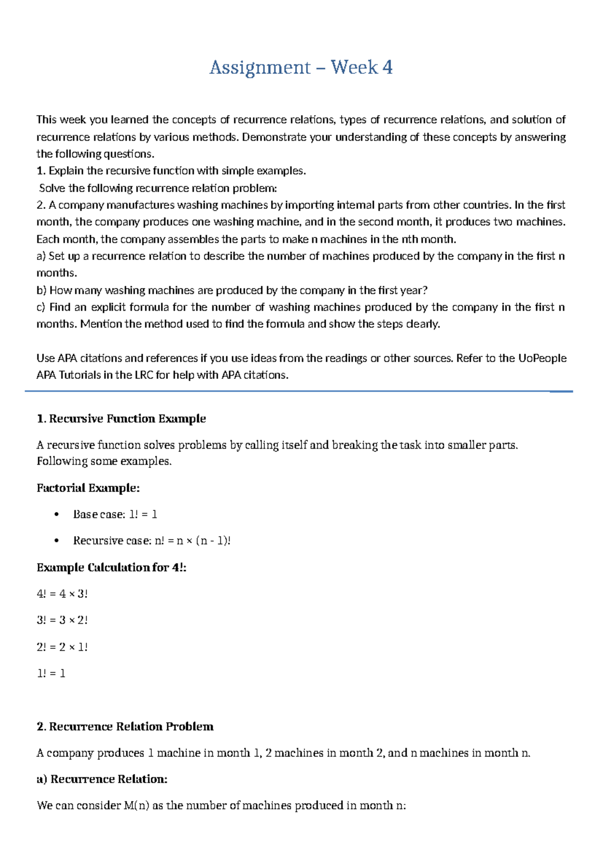 Assignment W4: Understanding Recurrence Relations and Recursive ...