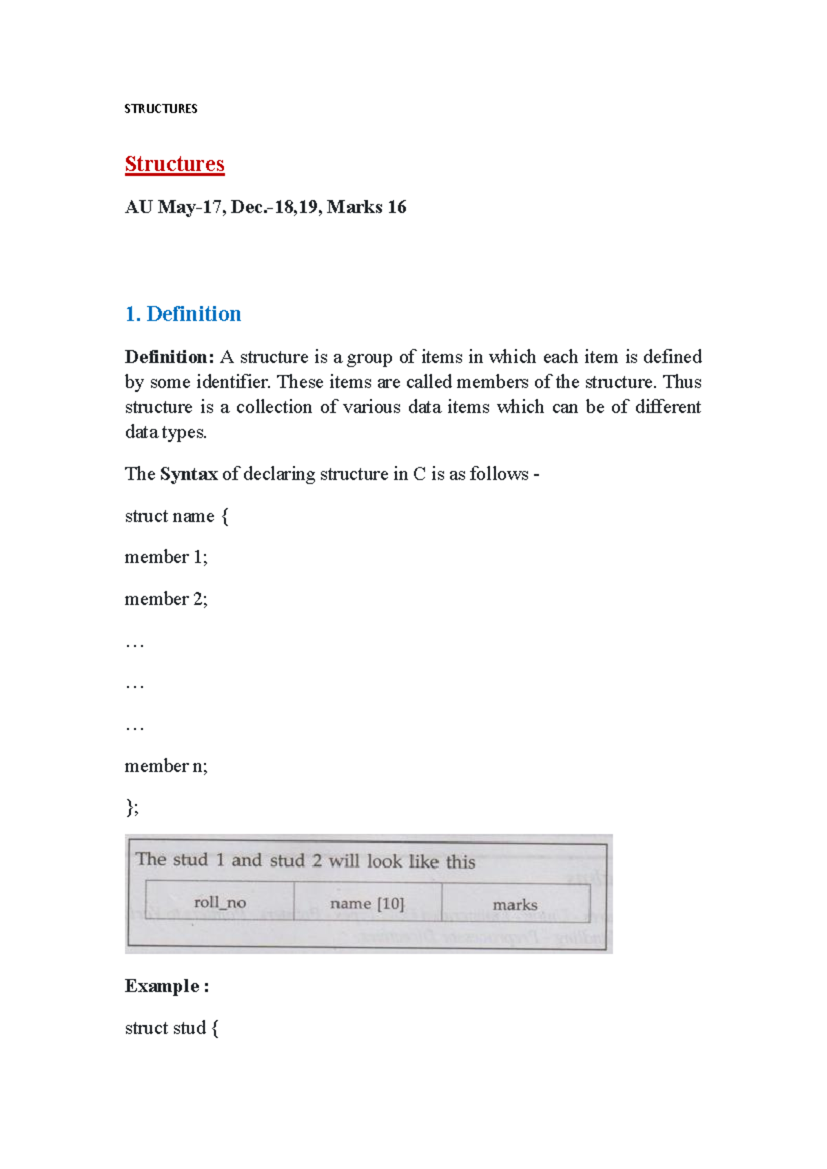 Cpds Unit 3 Notes: Understanding Structures in C Programming - Studocu