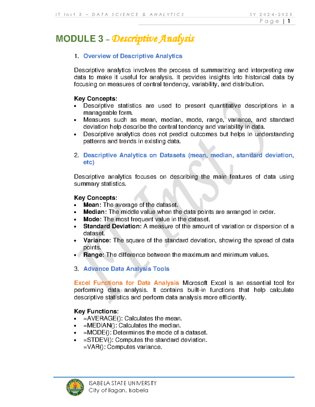 IT Inst 3 DATA SCIENCE ANALYTICS SY Module 3: Descriptive Analysis ...