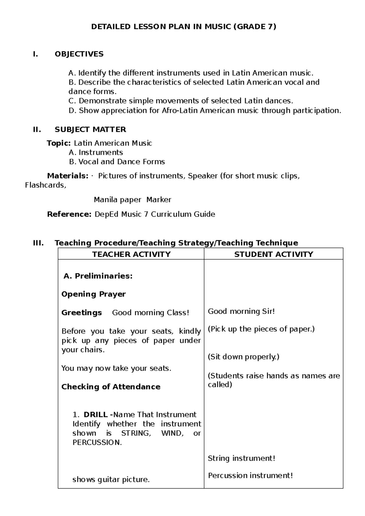 GRADE 7 MUSIC: Detailed Lesson Plan on Latin American Music - Studocu
