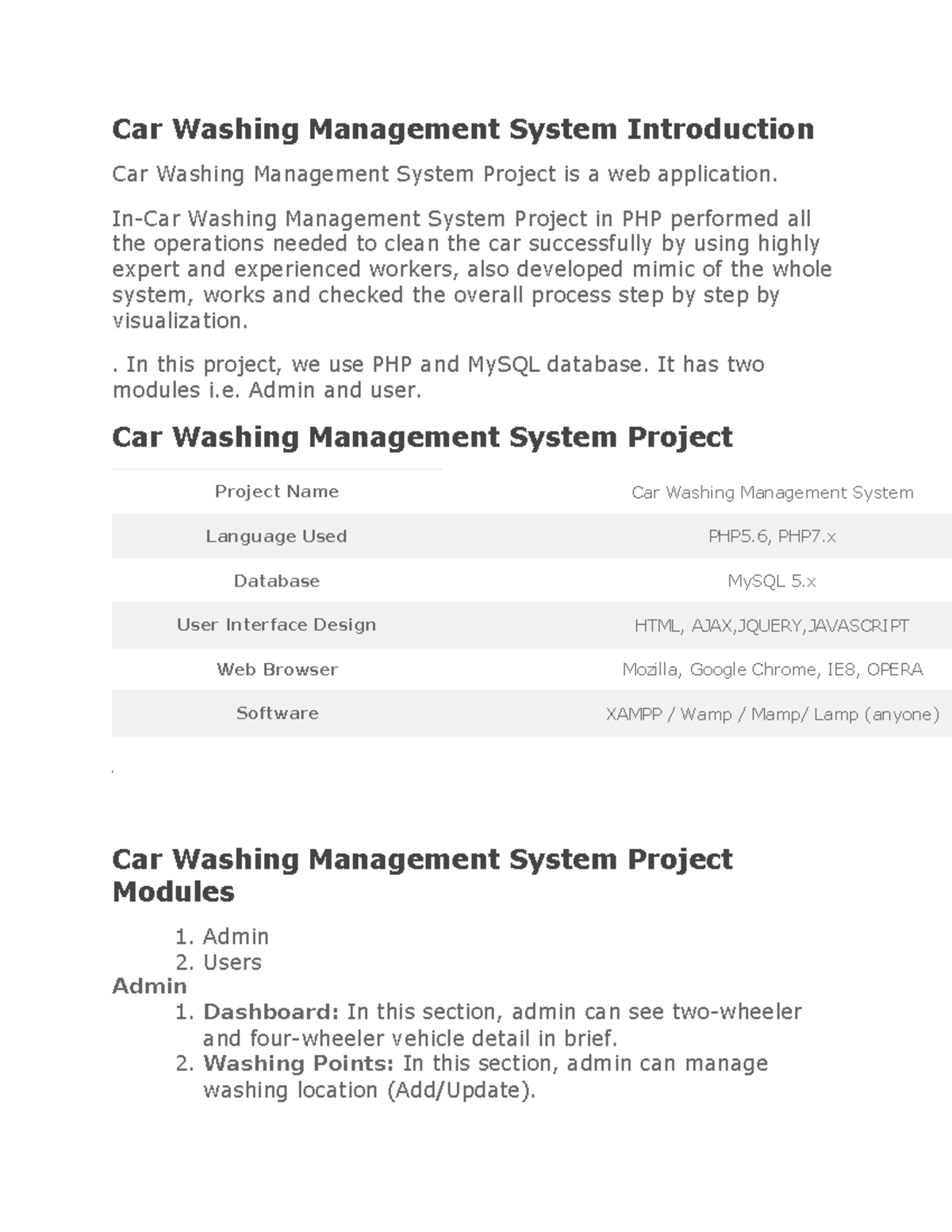 Car Washing Management System Project Overview (PHP/ MySQL) - Studocu