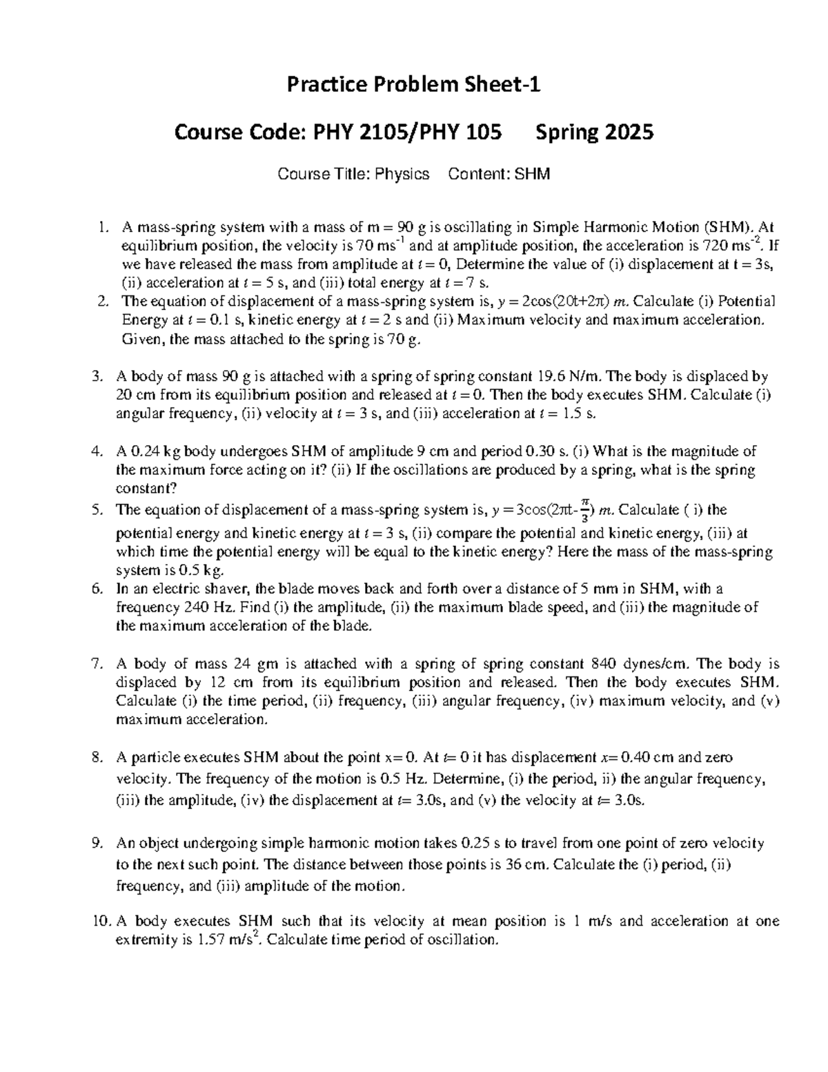 Practice problem sheet 1 Spring 25 PHY 2105 - Practice Problem Sheet ...