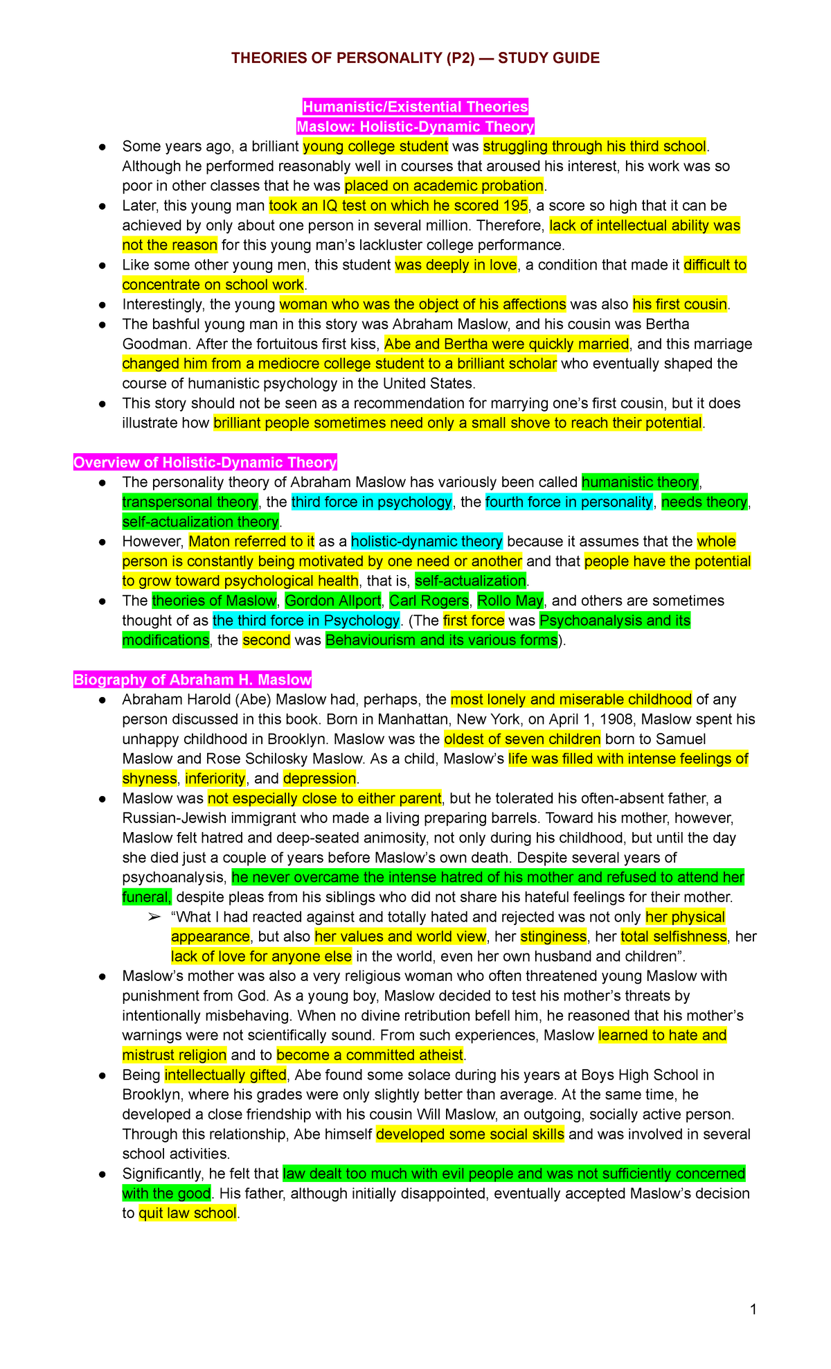 TOPP2 - Study Guide: Theories of Personality and Maslow's Insights ...